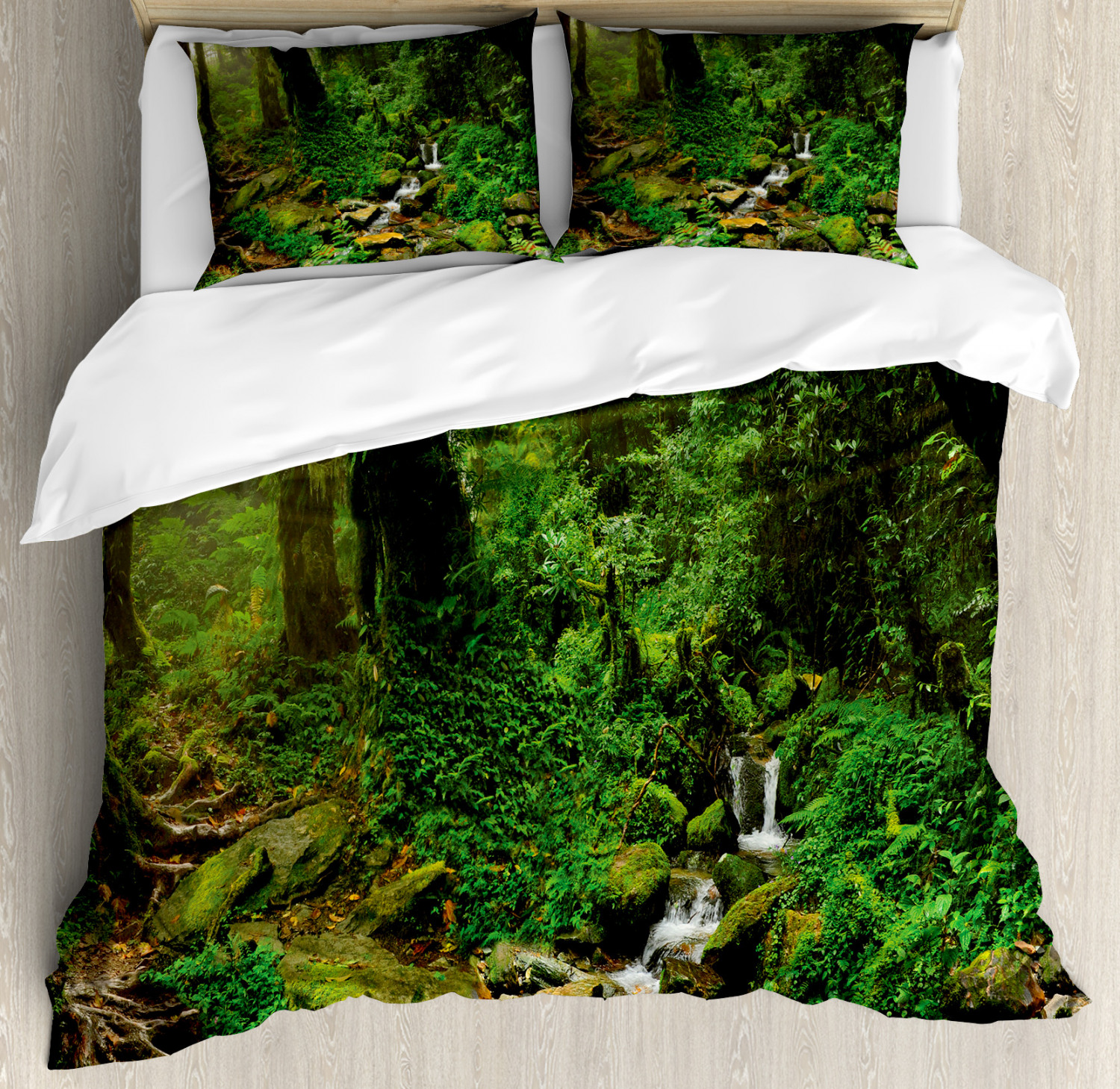 Landscape Duvet Cover Set Queen Size, Rainforest Trees and Fresh Grass ...