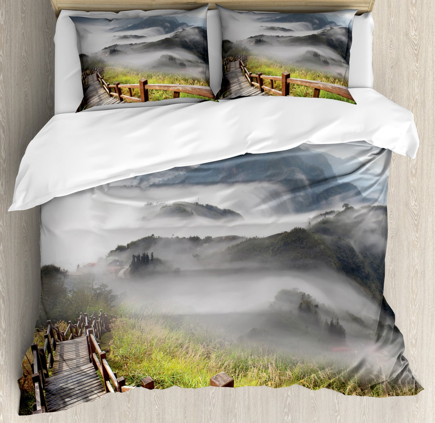Landscape Duvet Cover Set Queen Size, Scenic Greens and Foggy Mountains ...