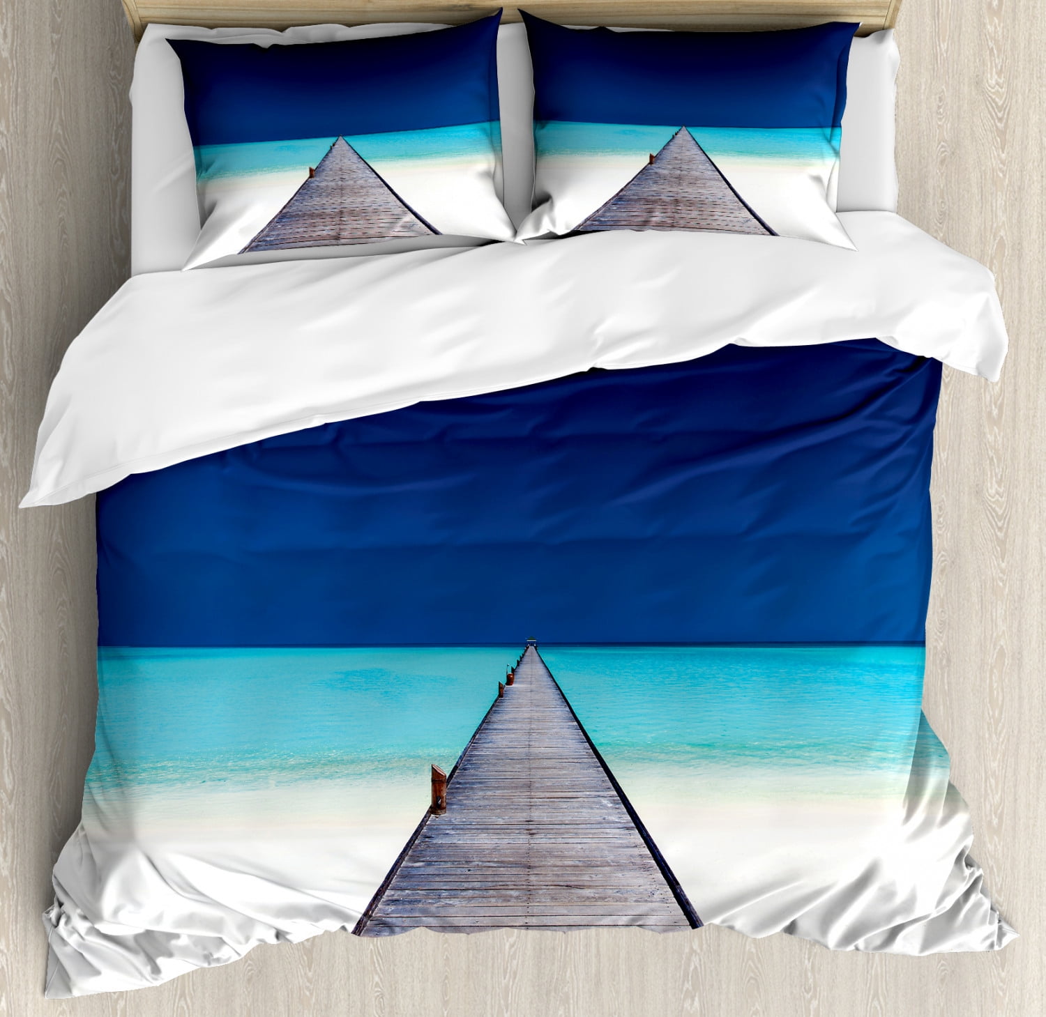 Landscape Duvet Cover Set Queen Size, Wooden Long Jetty Beach Sand ...