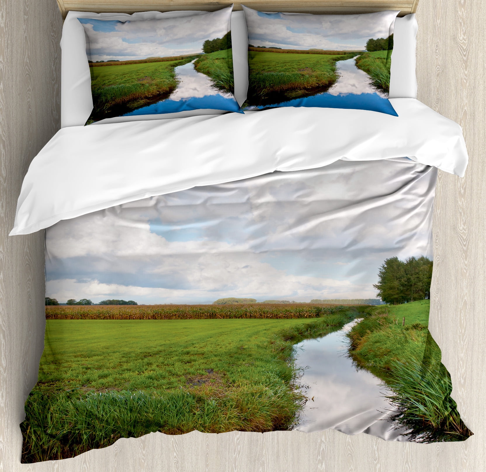 Landscape Duvet Cover Set, Reflective Calm River Scenery Meadow Grass ...