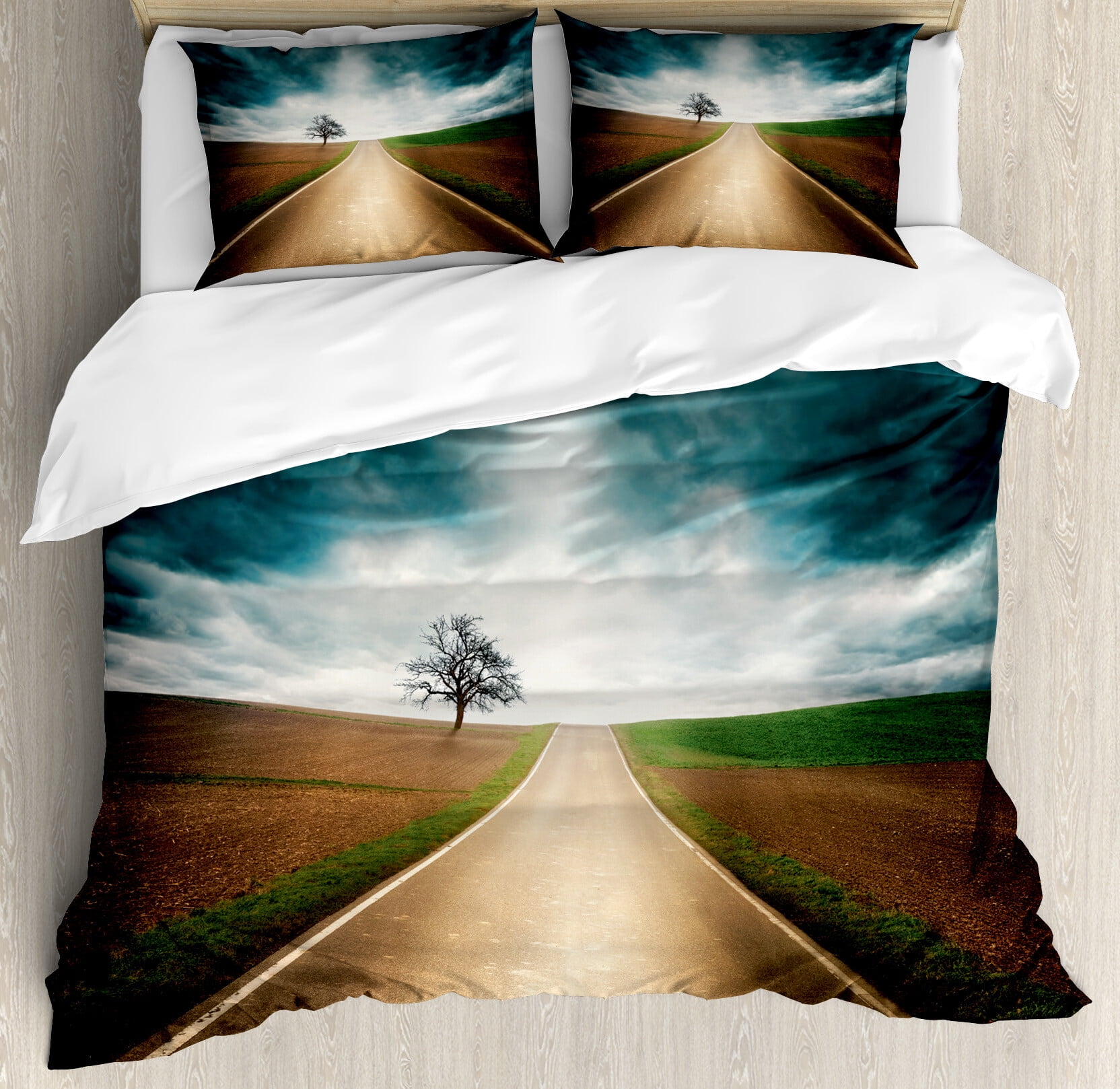 Landscape Duvet Cover Set, Road Through Empty Fields with Dramatic Sky ...