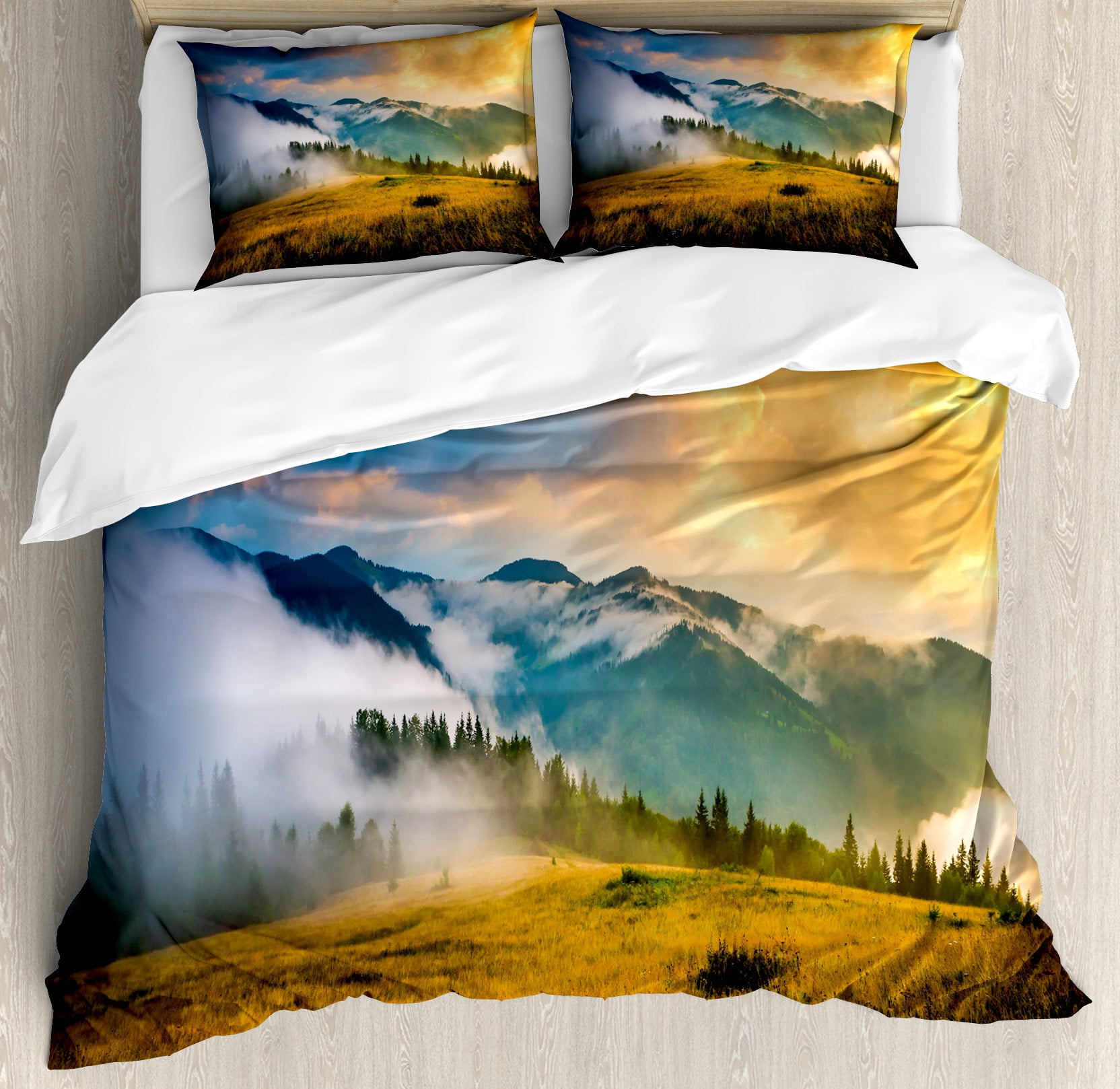 Landscape Duvet Cover Set, Rural Scenery Sunrise Misty Mountains Clouds ...