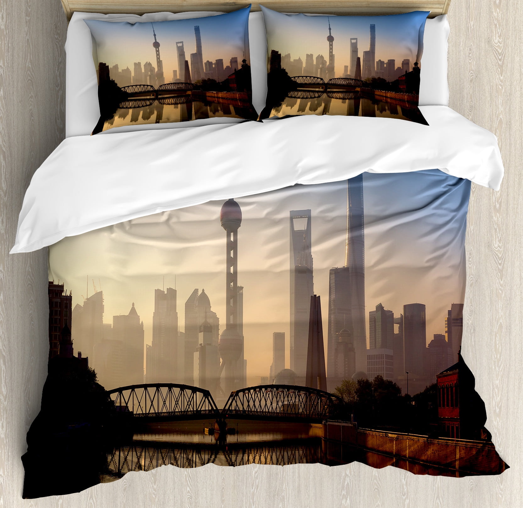 Landscape Duvet Cover Set, Shanghai Skyline at Sunrise with Historical ...