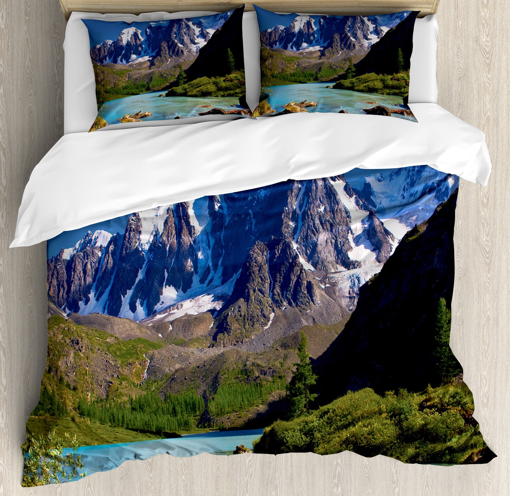Landscape Duvet Cover Set, Snowy Mountaintop Bustling River Pine Trees ...