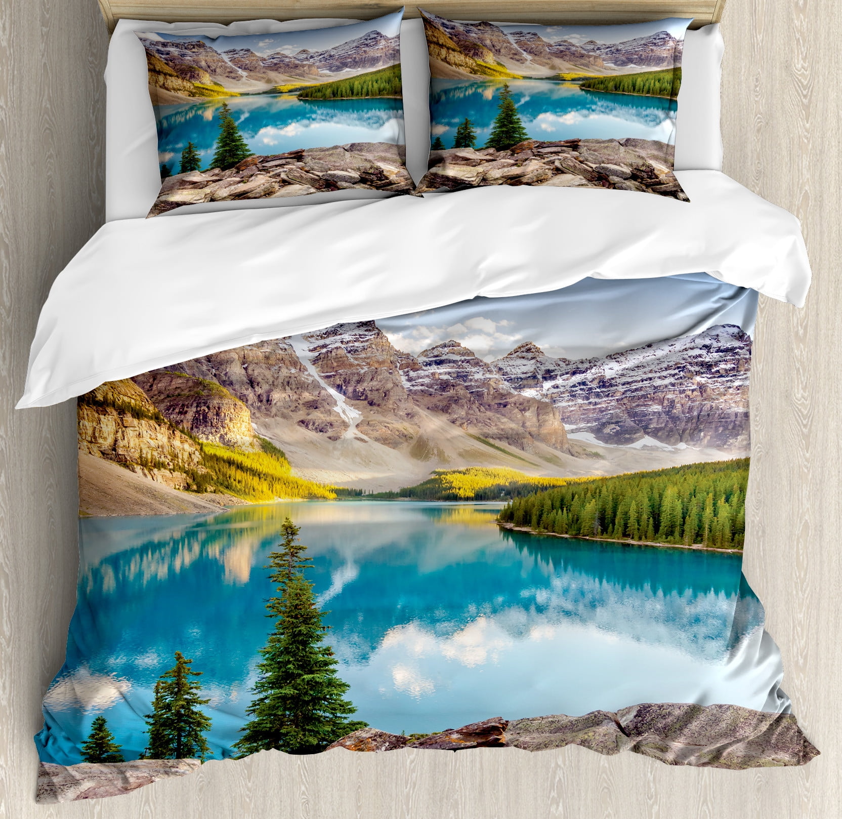 Landscape Duvet Cover Set, Still Calm Lake and Mountain Landscape with ...