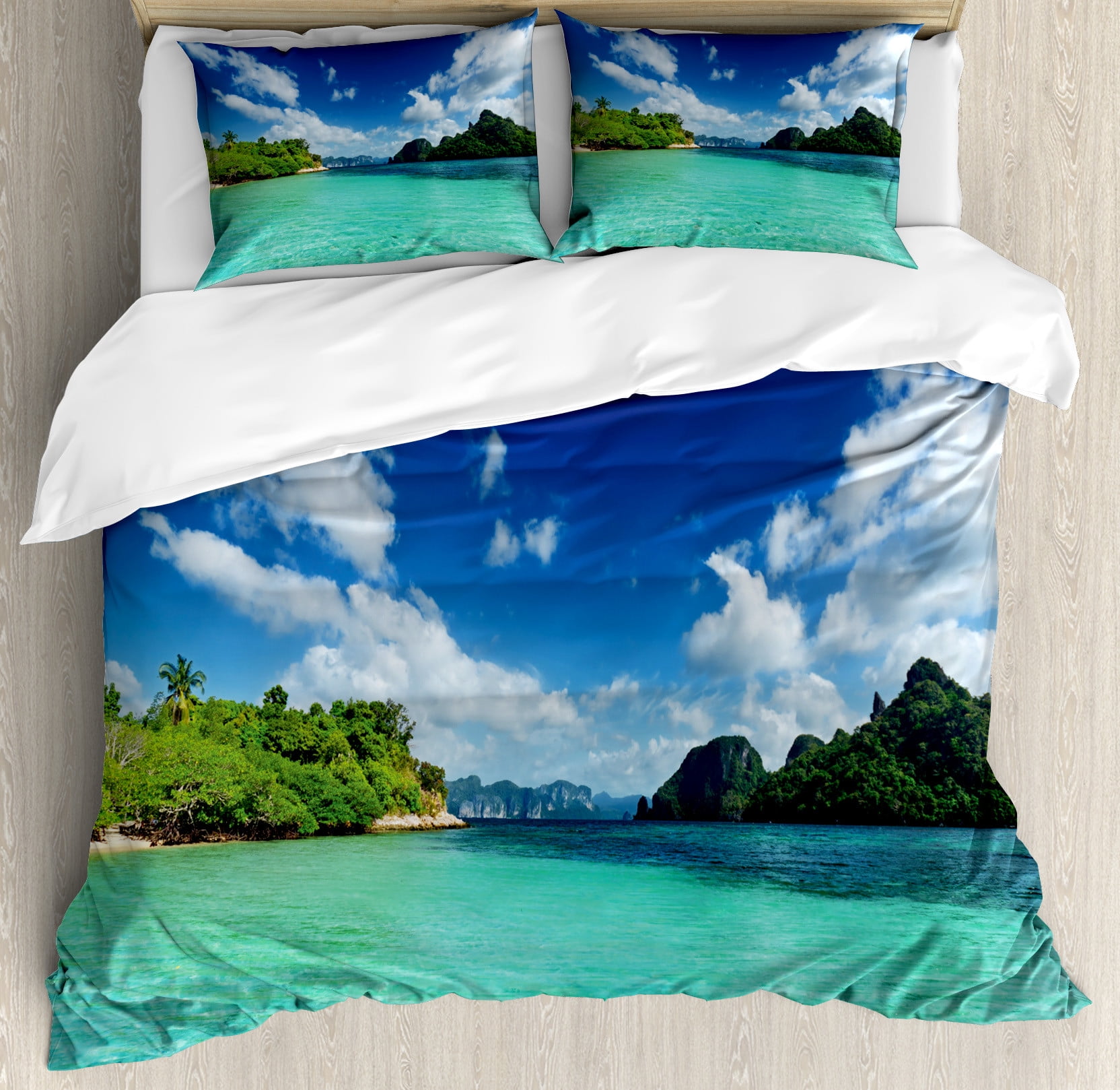 Landscape Duvet Cover Set, Summer Island Botanic Tropical View with Sea ...