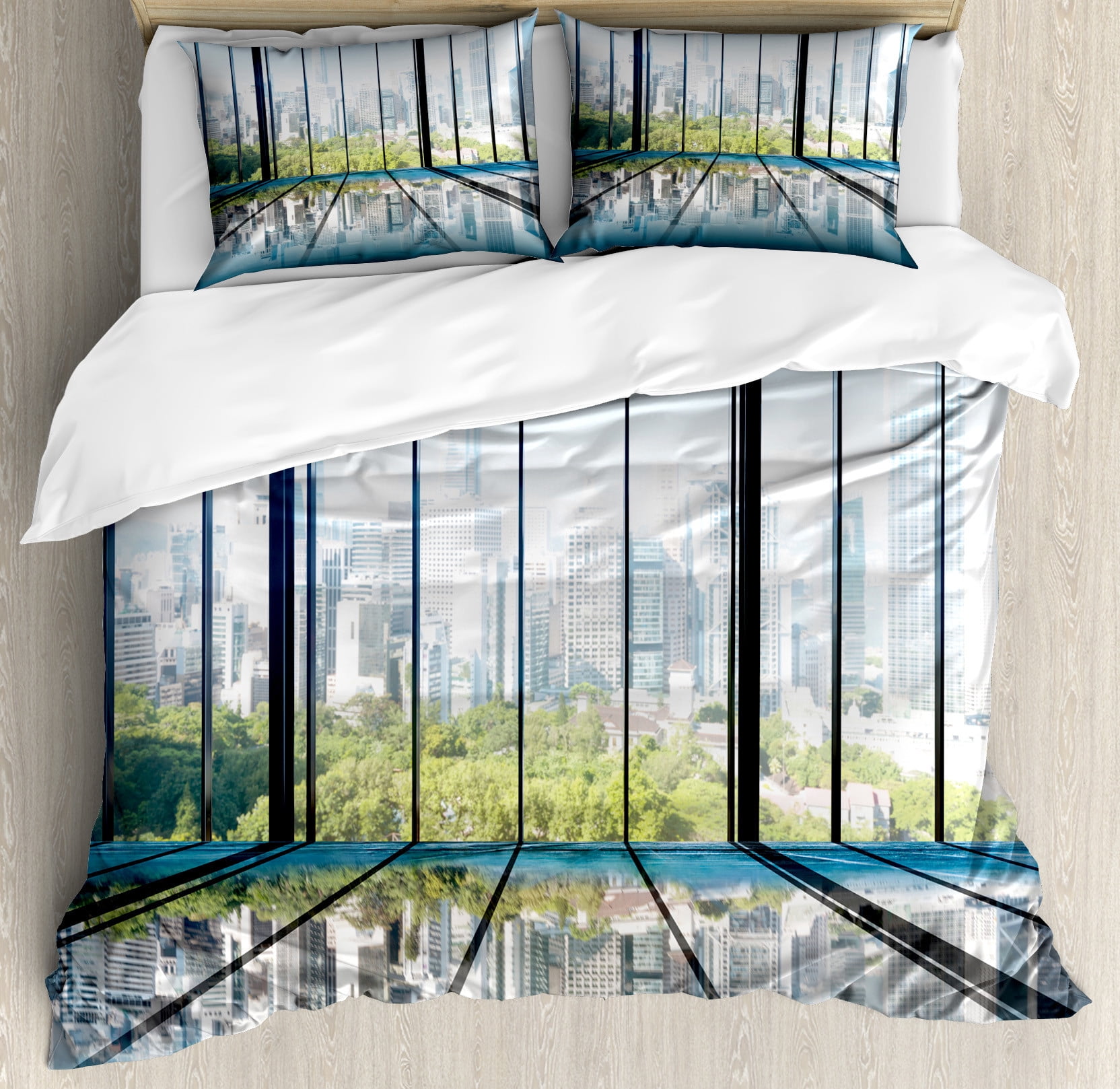 Landscape Duvet Cover Set, Sunny Clear Sky Office Skyscrapers in Urban ...