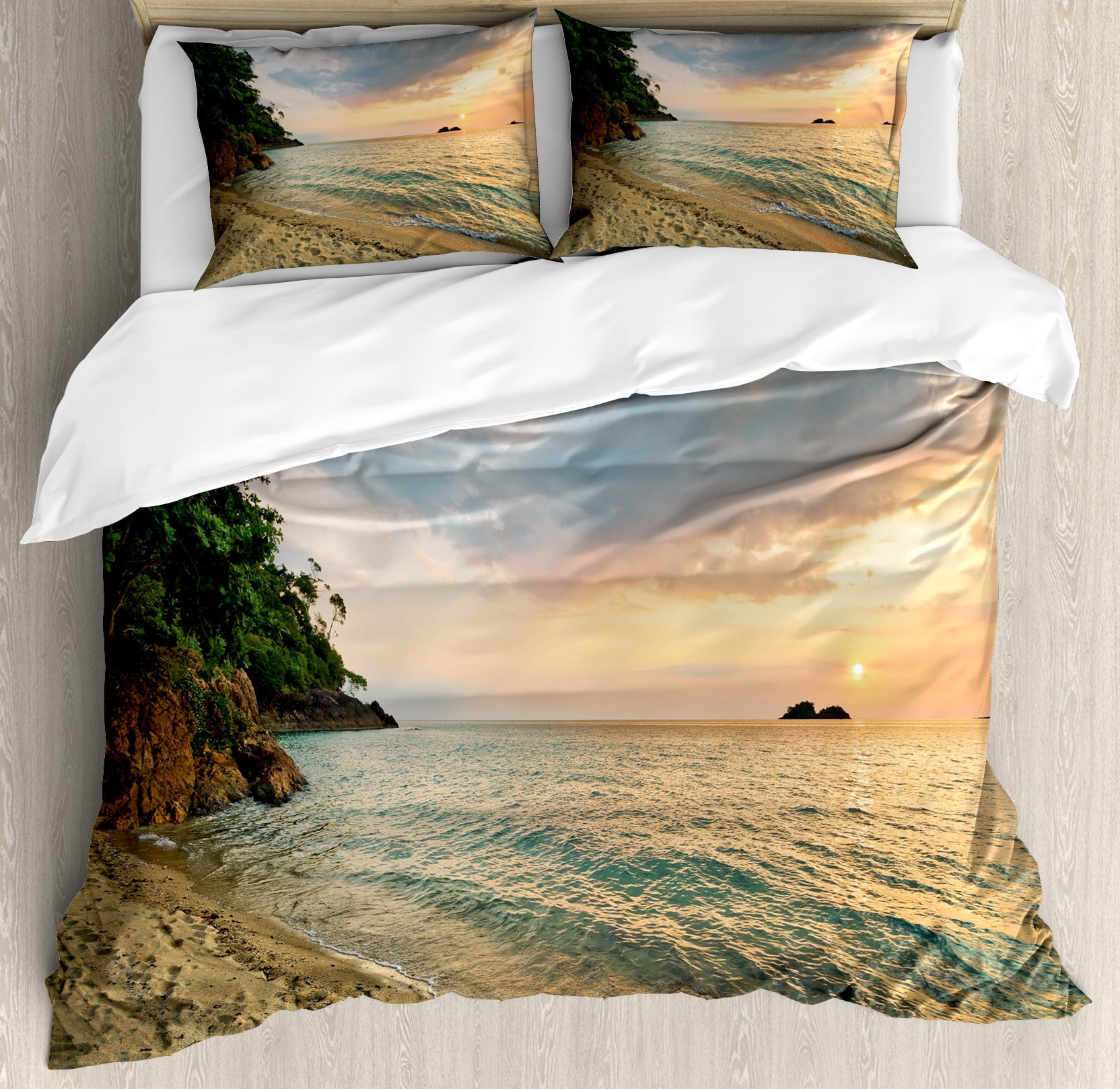 Landscape Duvet Cover Set, Sunset Dawn Sea Ocean Island Romance Tropic ...