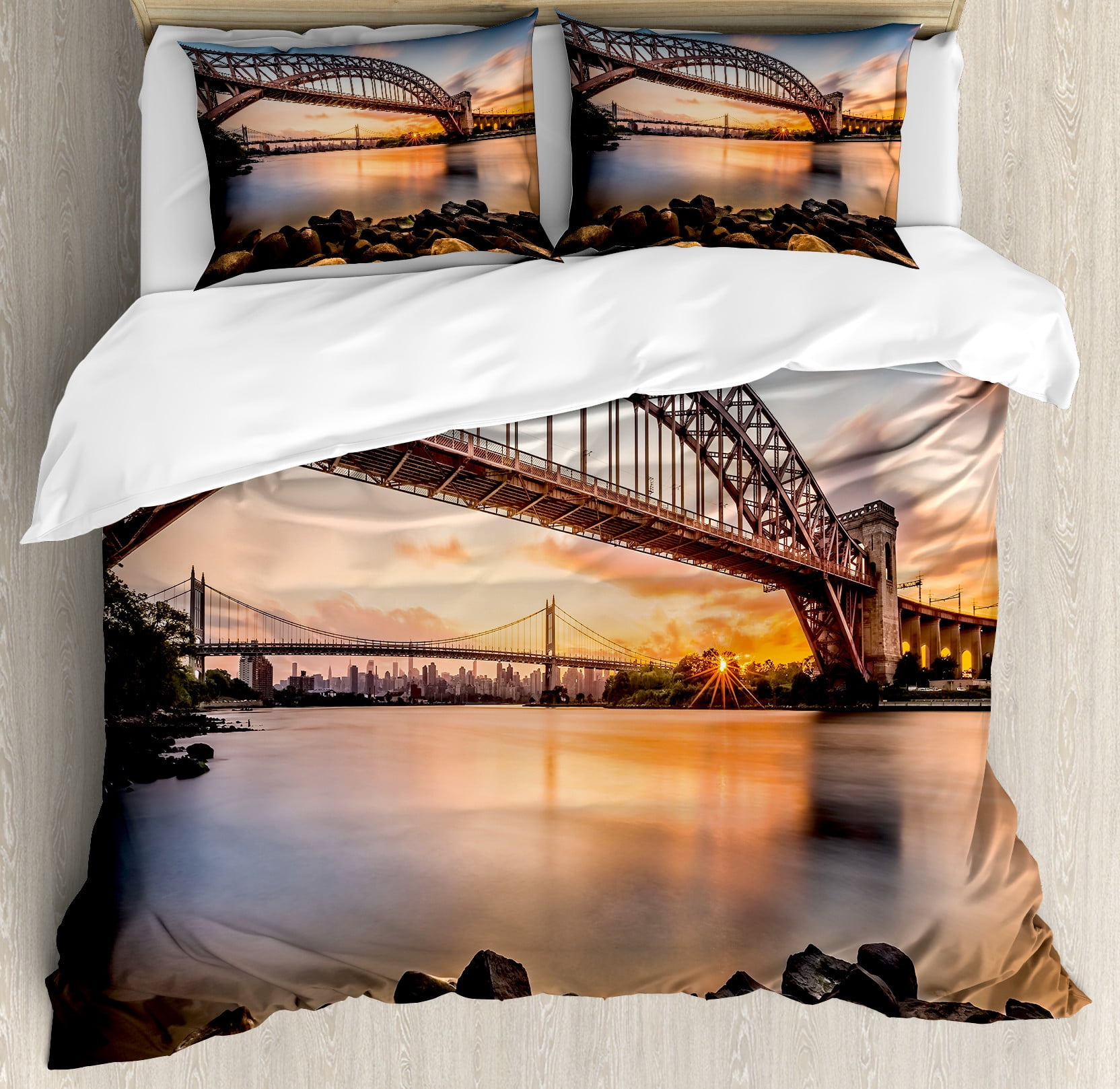 Landscape Duvet Cover Set, Sunset Evening View Picture Triboro Bridge ...
