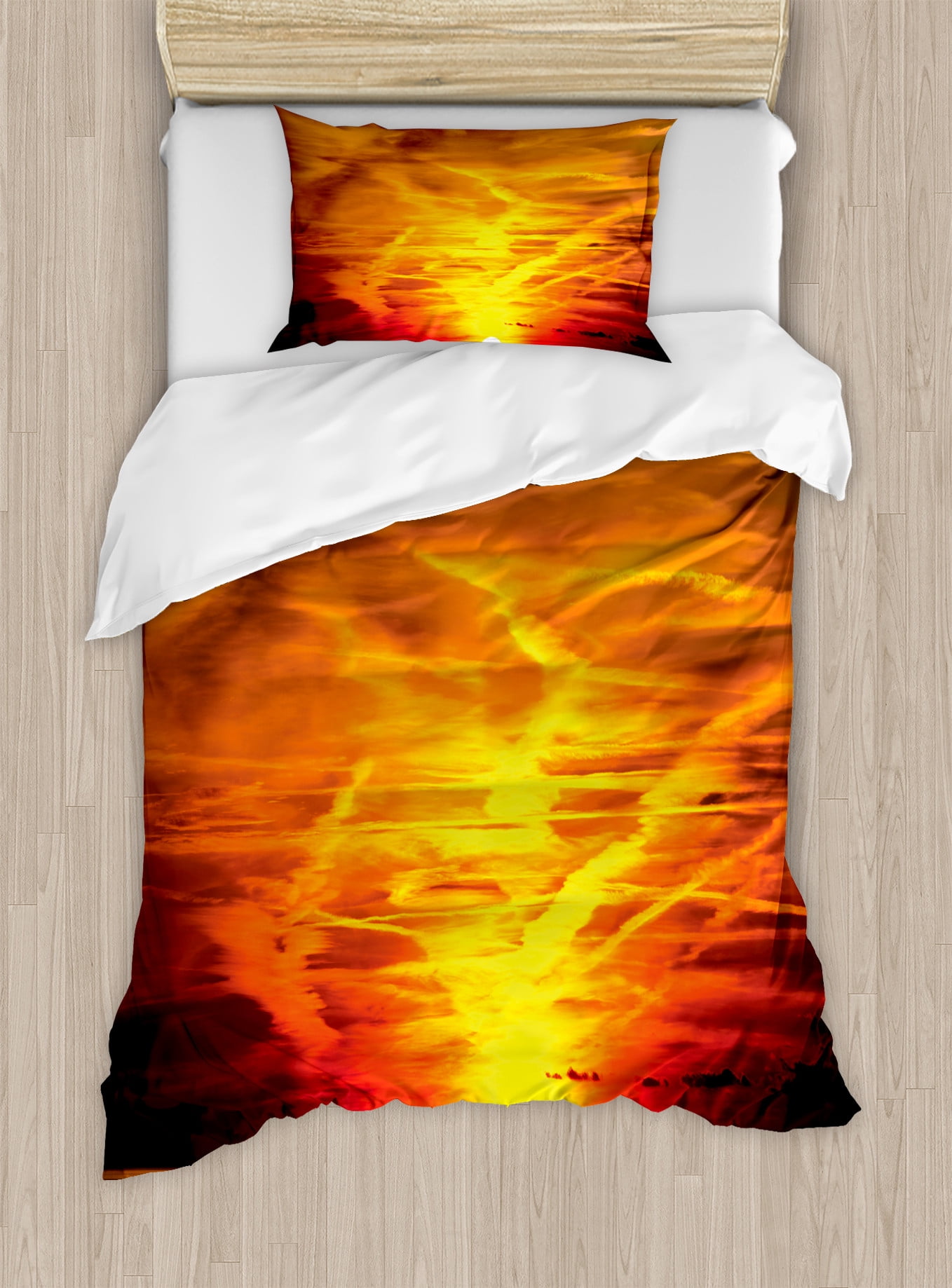 Landscape Duvet Cover Set, Sunset over the Sea Golden Yellow Horizon ...