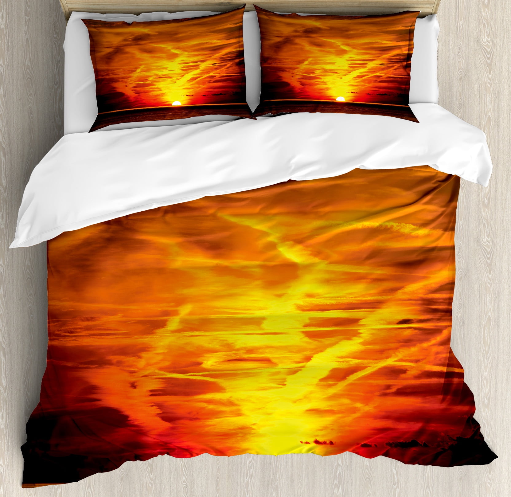 Landscape Duvet Cover Set, Sunset over the Sea Golden Yellow Horizon ...