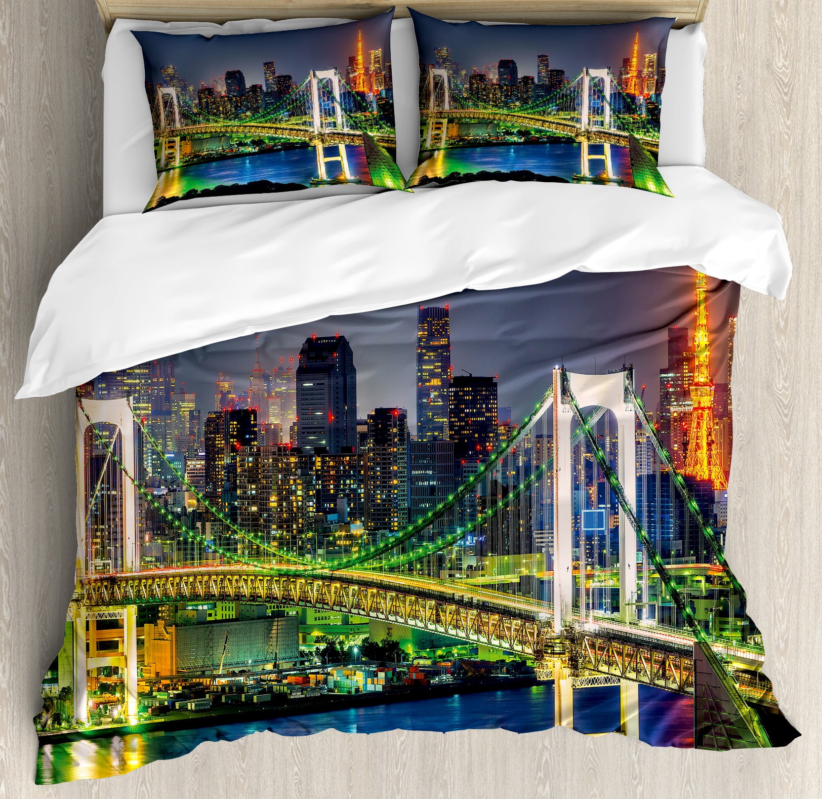 Landscape Duvet Cover Set, Tokyo Skyline with Tokyo Tower and Rainbow ...