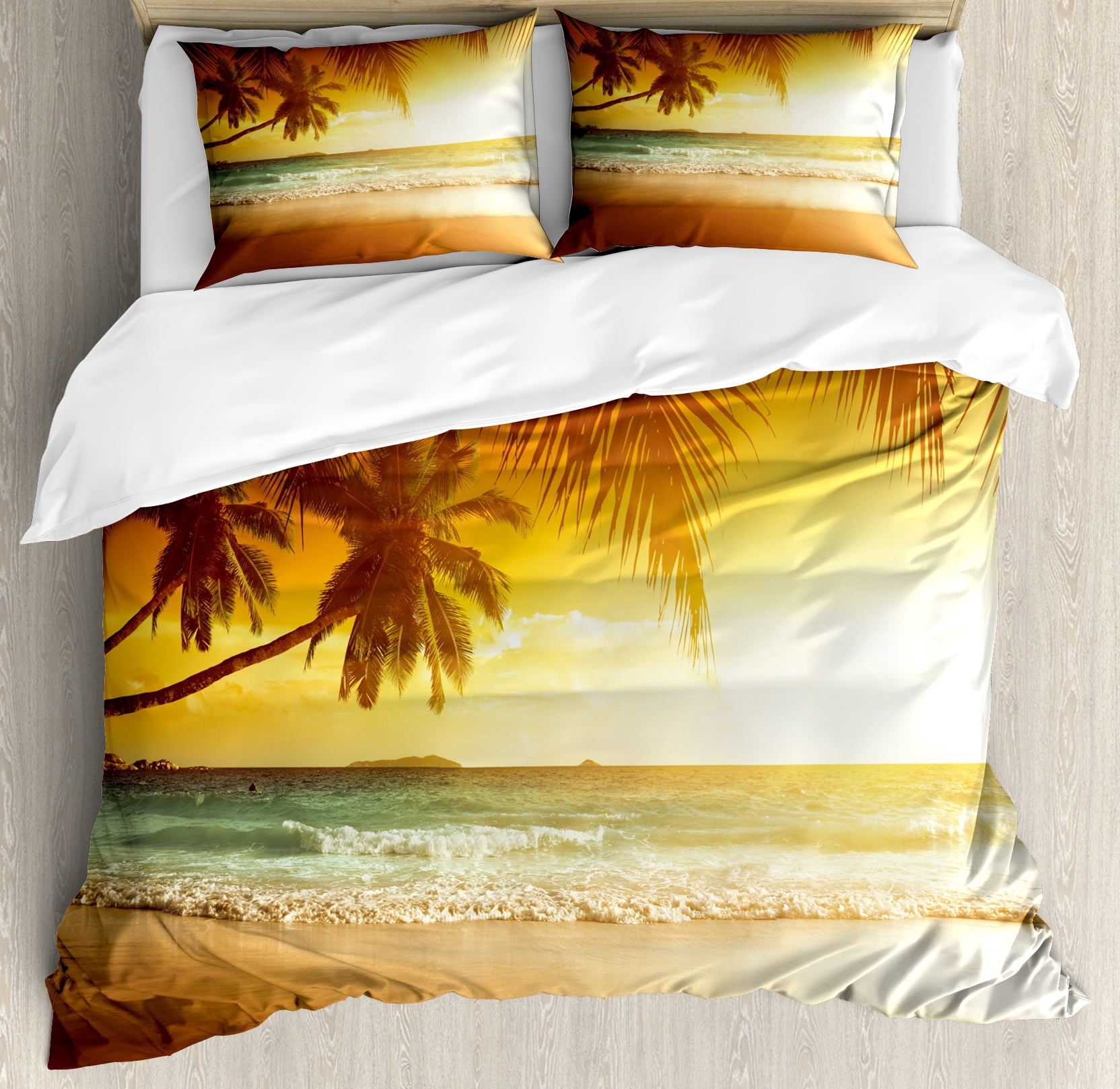 Landscape Duvet Cover Set, Tropic Caribbean Coast with Palms at Sunset ...