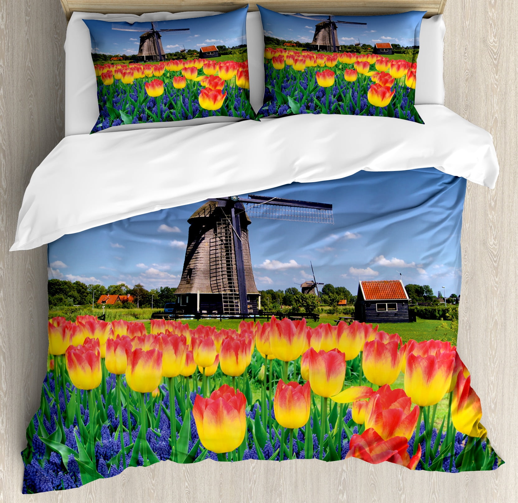 Landscape Duvet Cover Set, Tulip Blooms with Classic Dutch Windmill ...