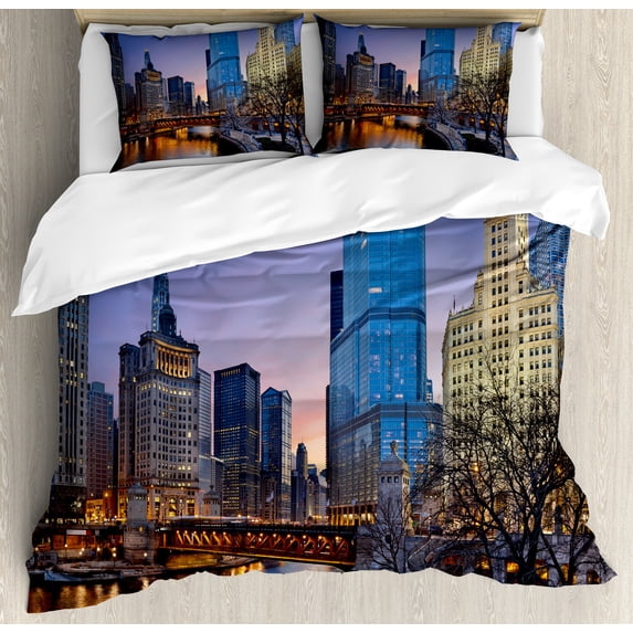 Landscape Duvet Cover Set, Usa Chicago Cityscape with Rivers Bridge and ...