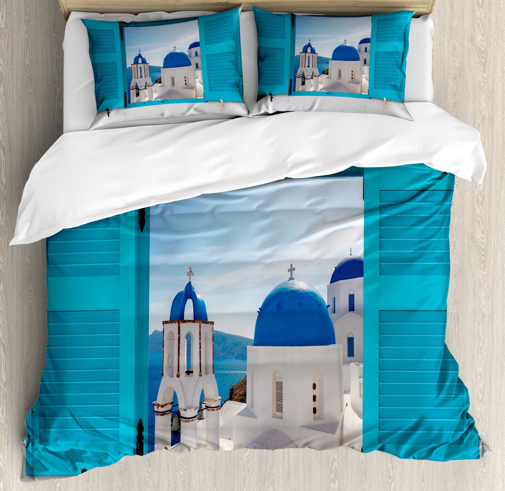 Landscape Duvet Cover Set, Window View of Classical Building Domes Oia Santorini Greece Travel ...