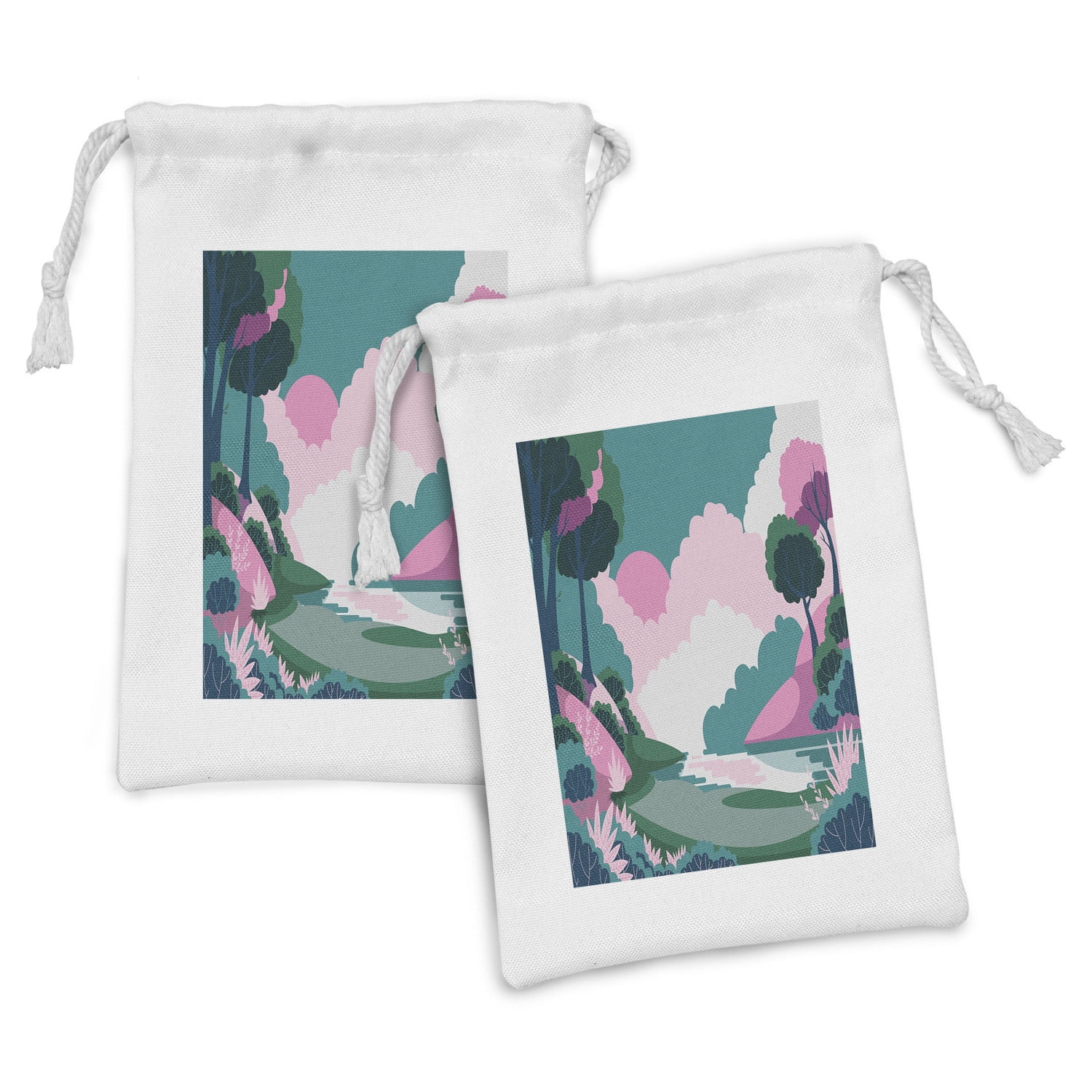 Landscape Fabric Pouch Set of 2, Scene of Lake Overview Along Sun ...