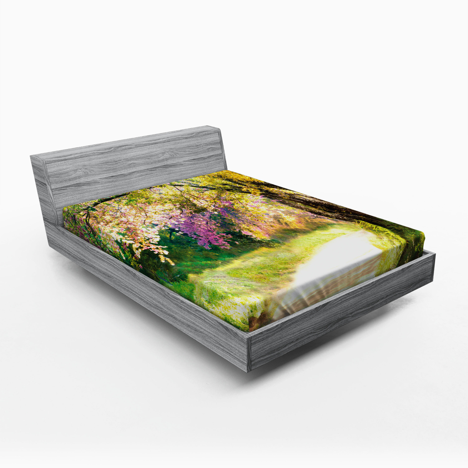 Landscape Fitted Sheet, Blurry Spring Park View with Walkway Colorful ...