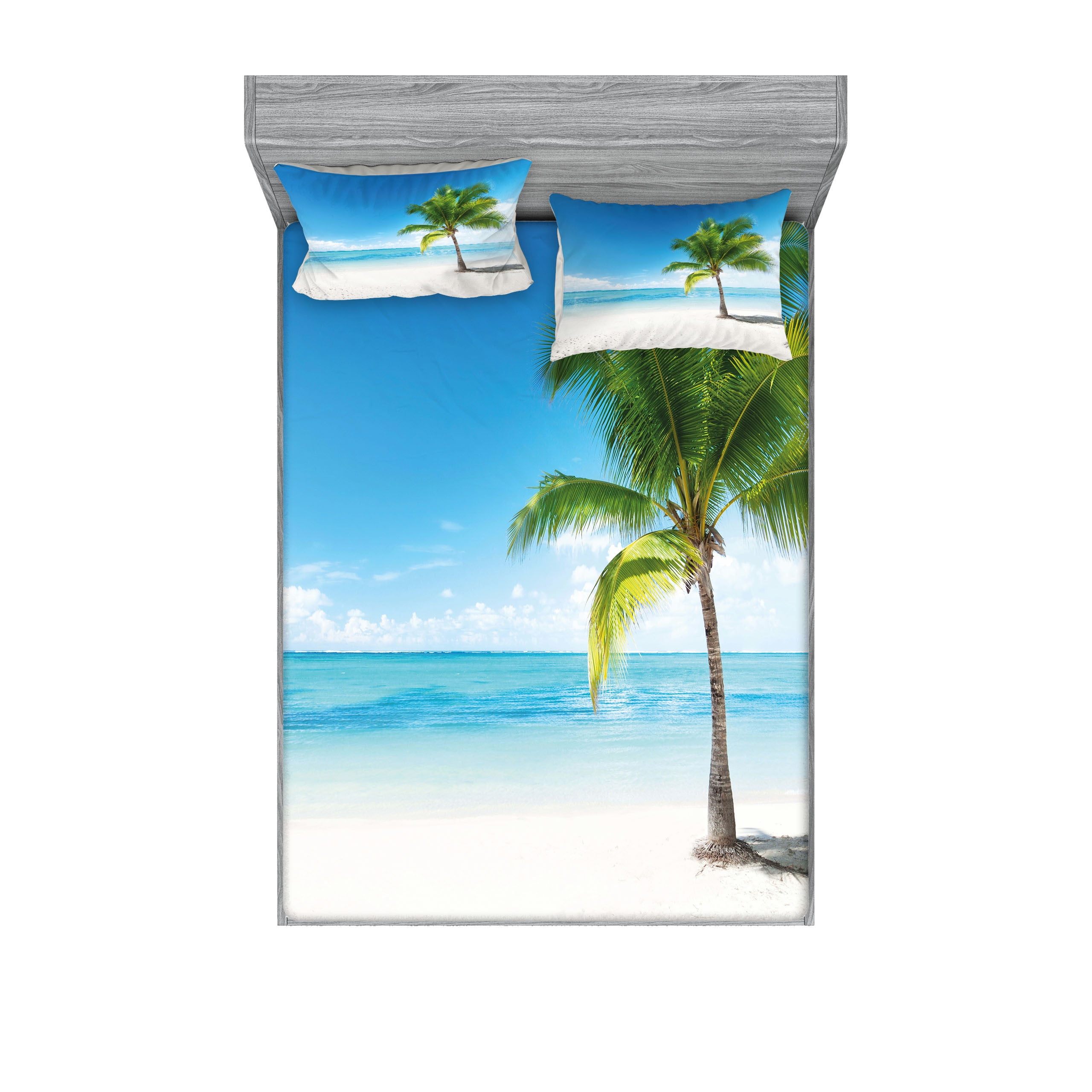 Landscape Fitted Sheet & Pillow Sham Set, Caribbean Maldives Beach ...