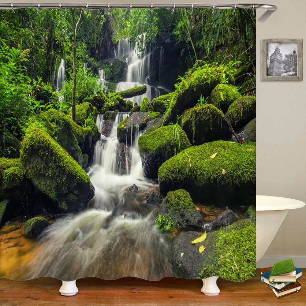 Landscape Forest Waterfall Shower Curtain Waterproof Fabric 3d Print