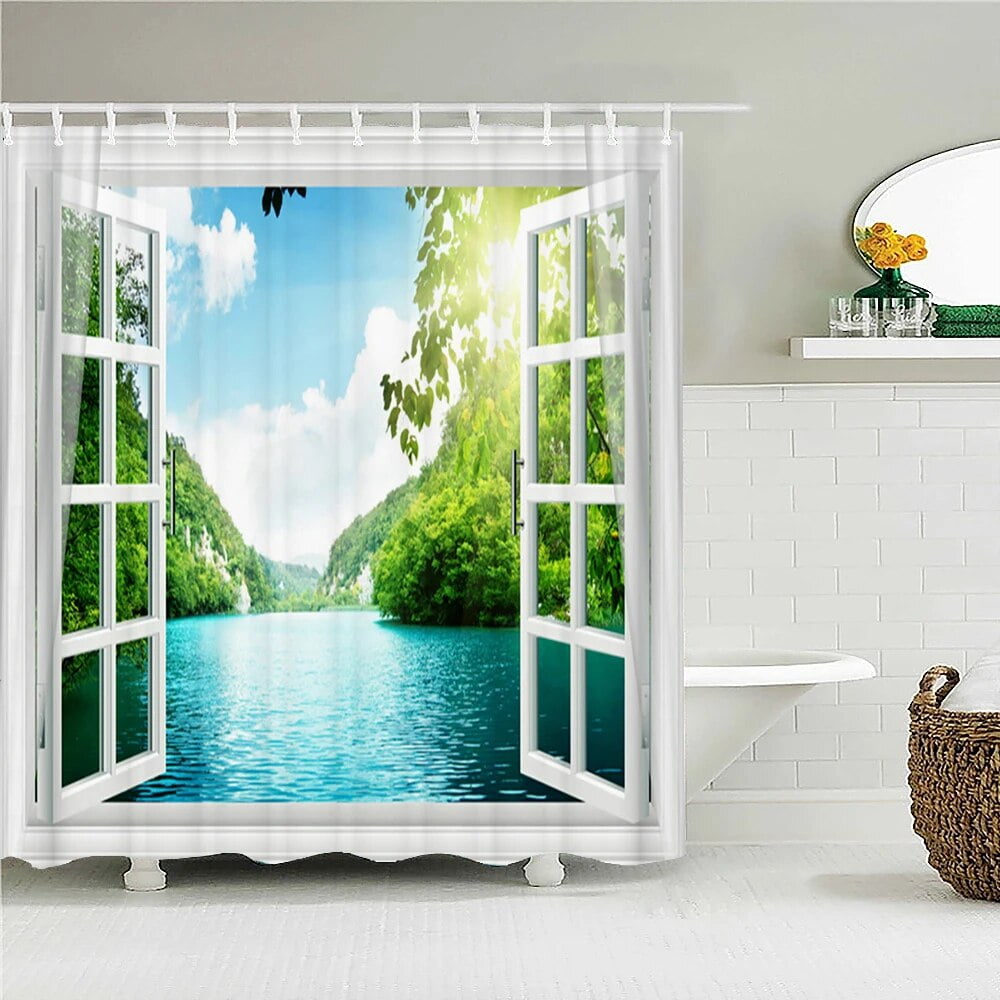 Landscape Forest Waterfall Shower Curtain Waterproof Fabric 3d Print