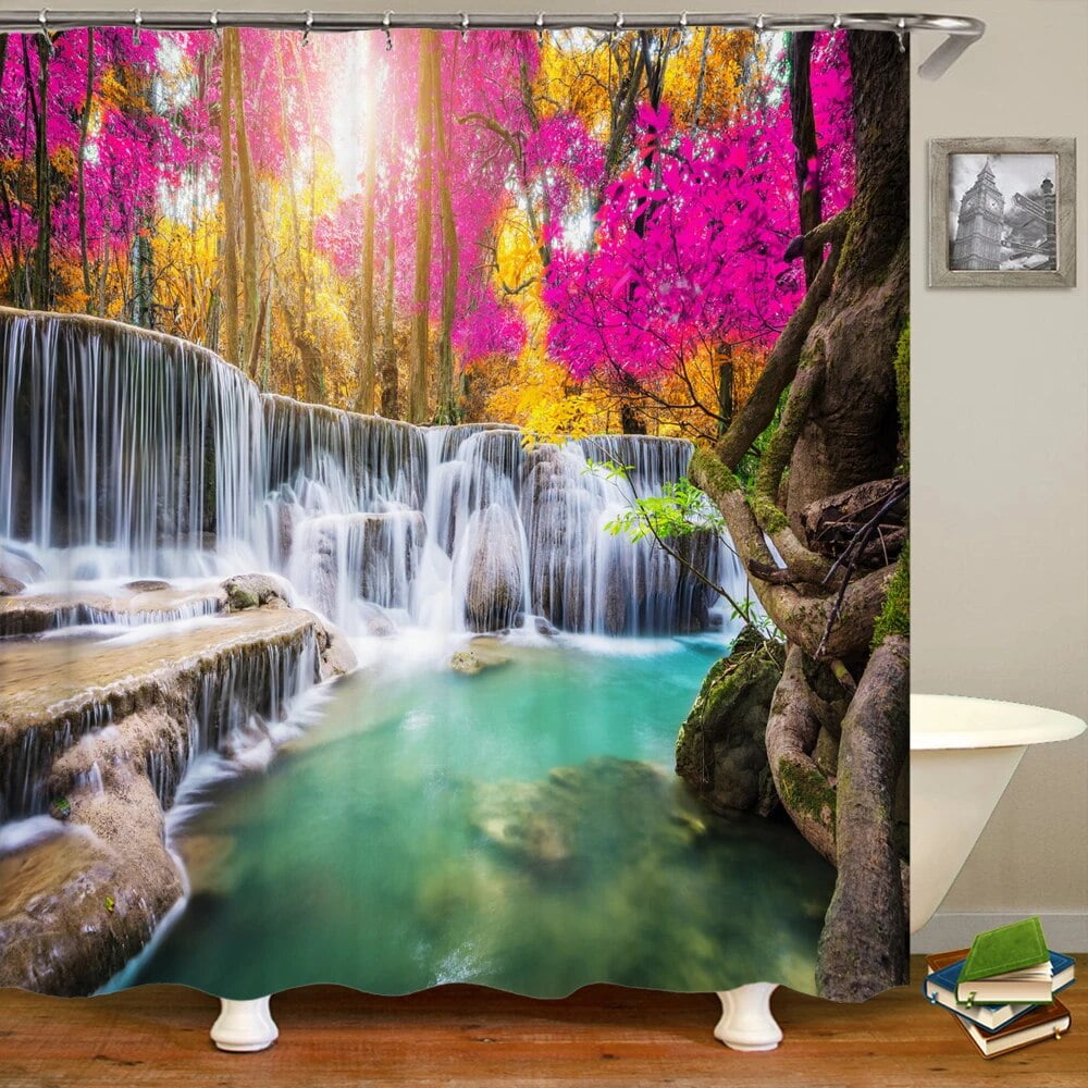 Landscape Forest Waterfall Shower Curtain Waterproof Fabric 3d Print