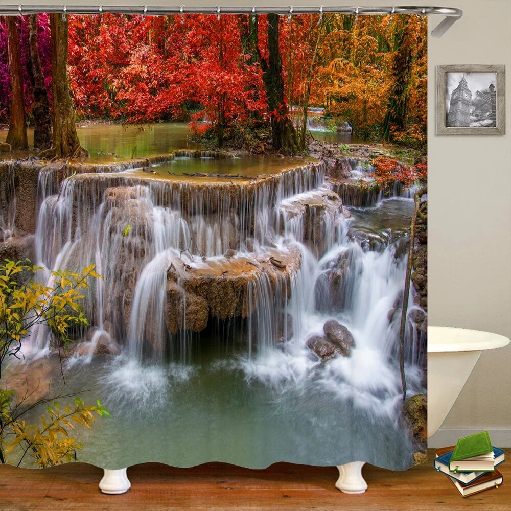 Landscape Forest Waterfall Shower Curtain Waterproof Fabric 3d Print
