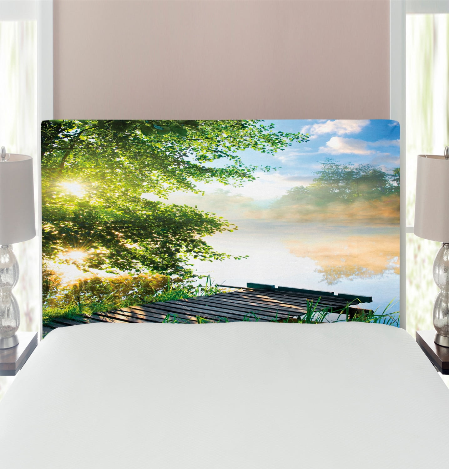 Landscape Headboard, Fishing Pier by River in the Morning Clouds and ...