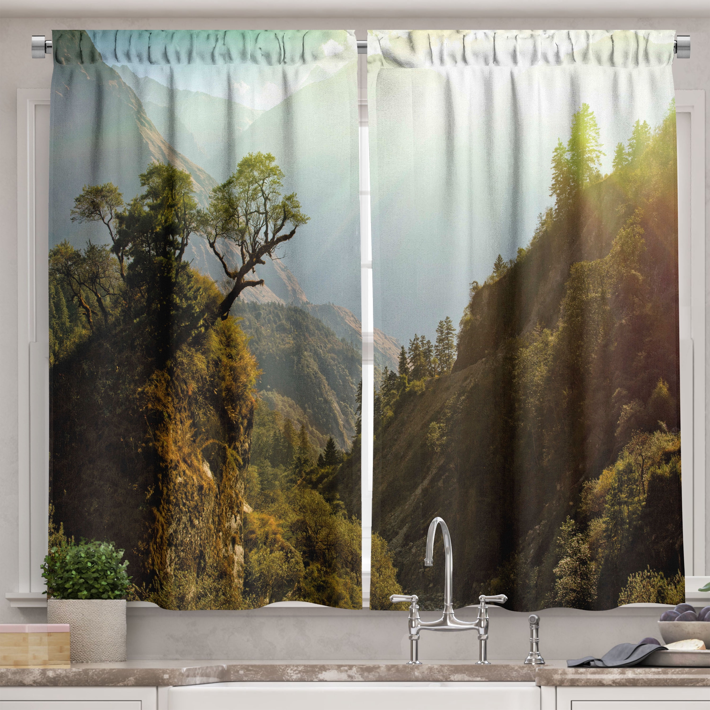 Landscape Kitchen Curtains, Forest Nepal Himalaya Mountains Sunlight ...