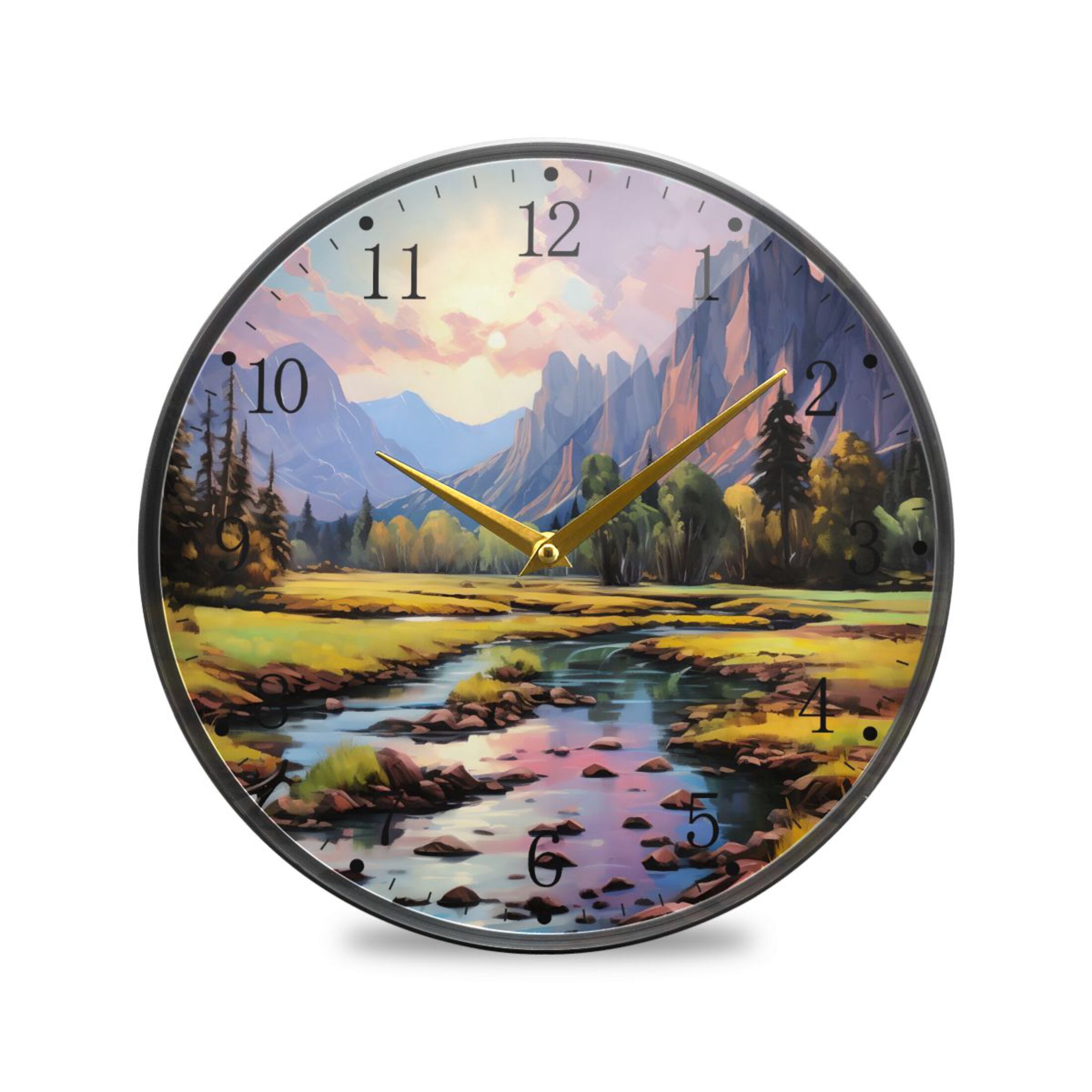 Landscape Mountains Painting Acrylic Wall Clocks Quiet Round Clock ...