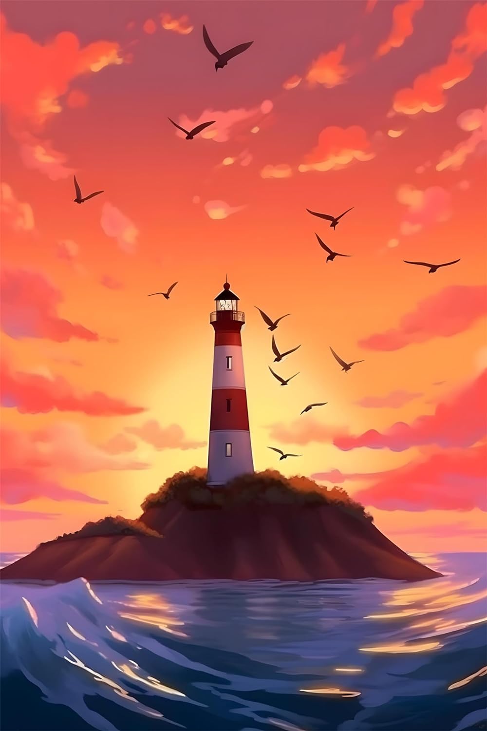 Landscape Oil Painting - Lighthouse Seagull Waves - Brightly Colored Sunset Theme - for Home ...