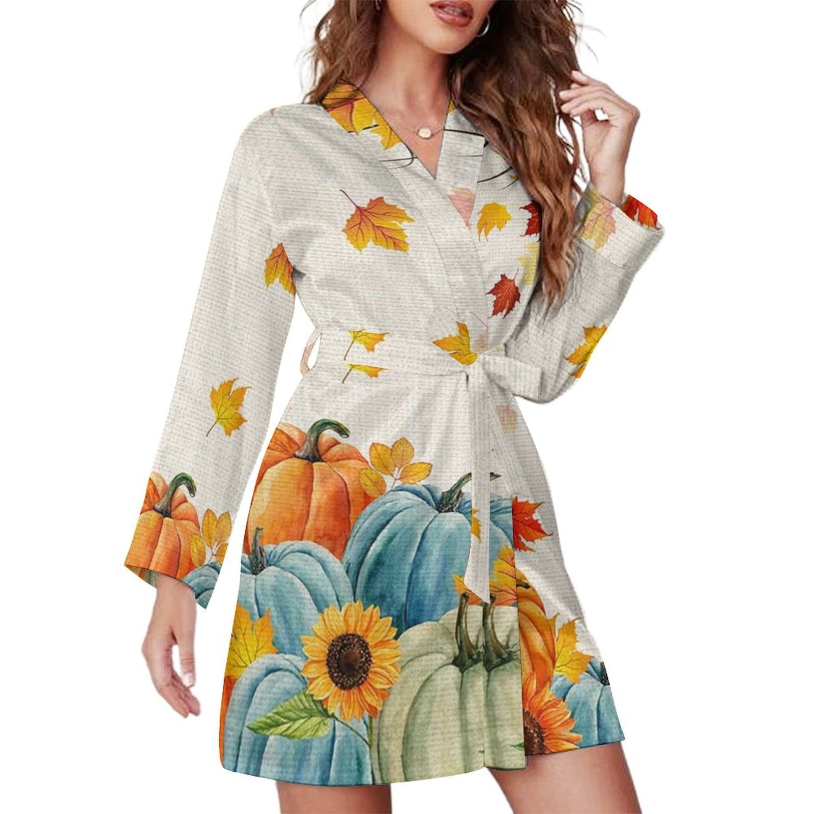 Landscape Painting Farmhouse Night Robe Long Sleeve V Neck Robe With ...