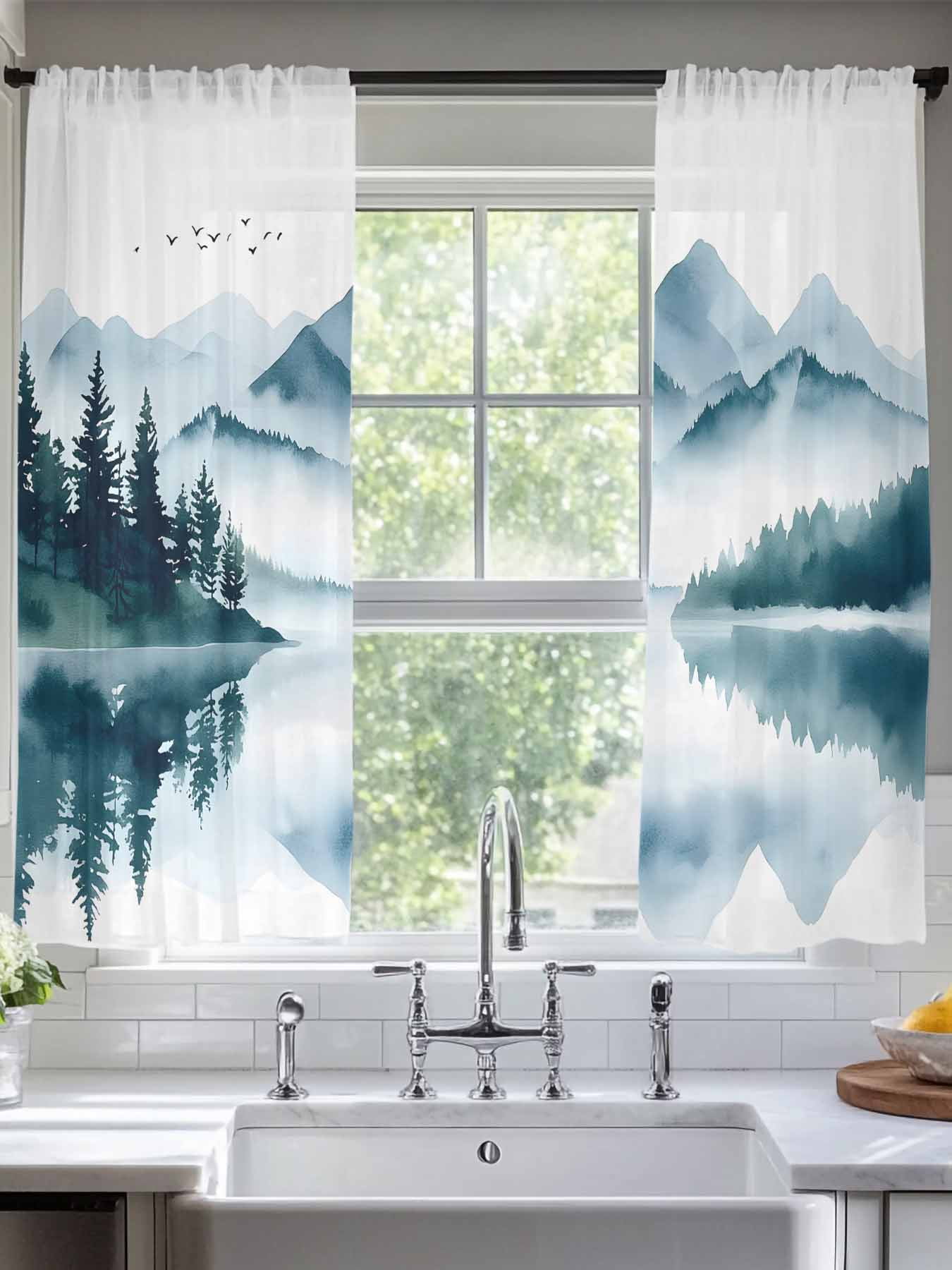 Landscape Painting Green Ombre Sheer Curtains for Living Room Bedroom ...