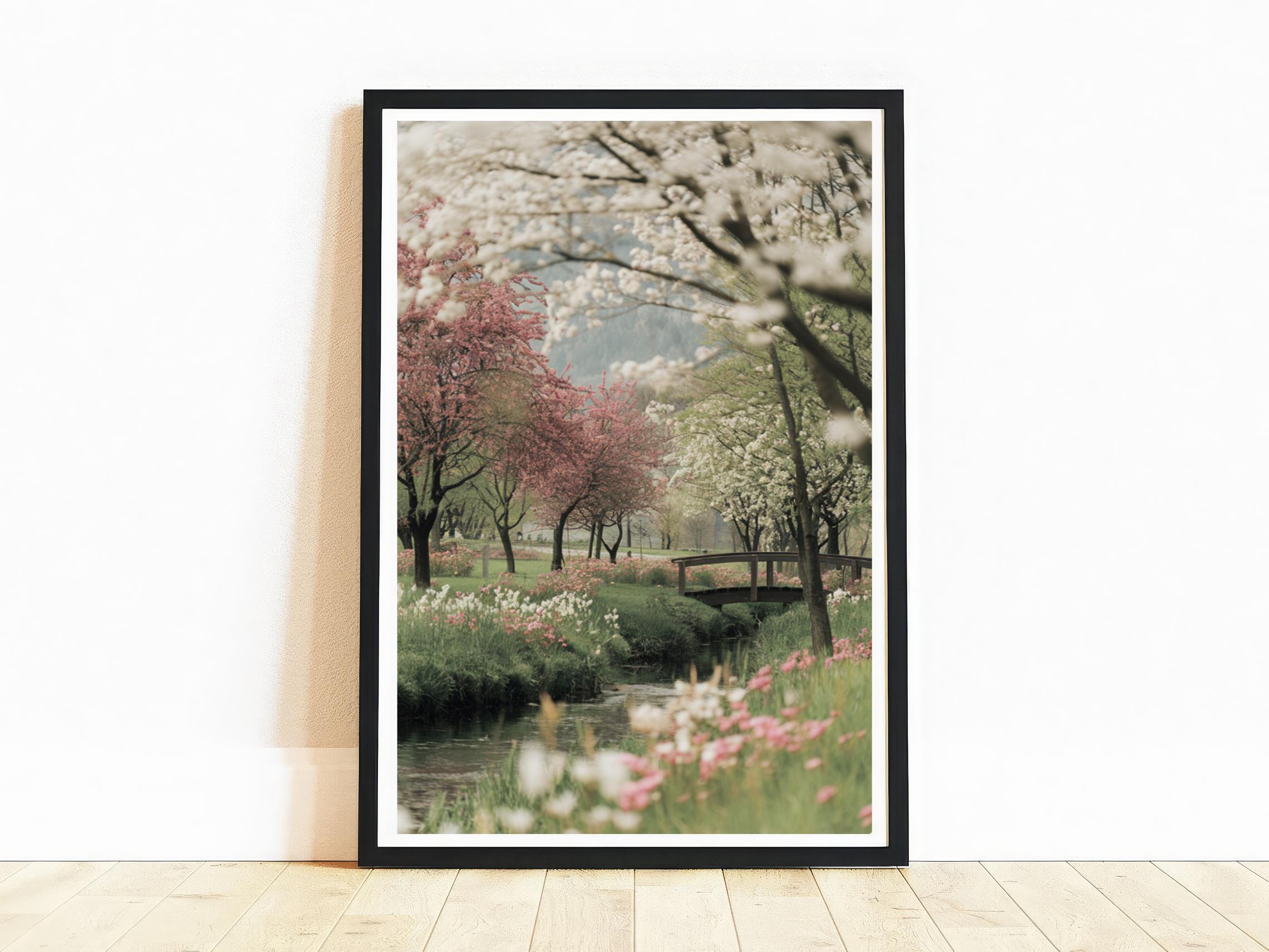 Landscape Poster, Flowery Pathway through Sakura Trees, River, Spring ...