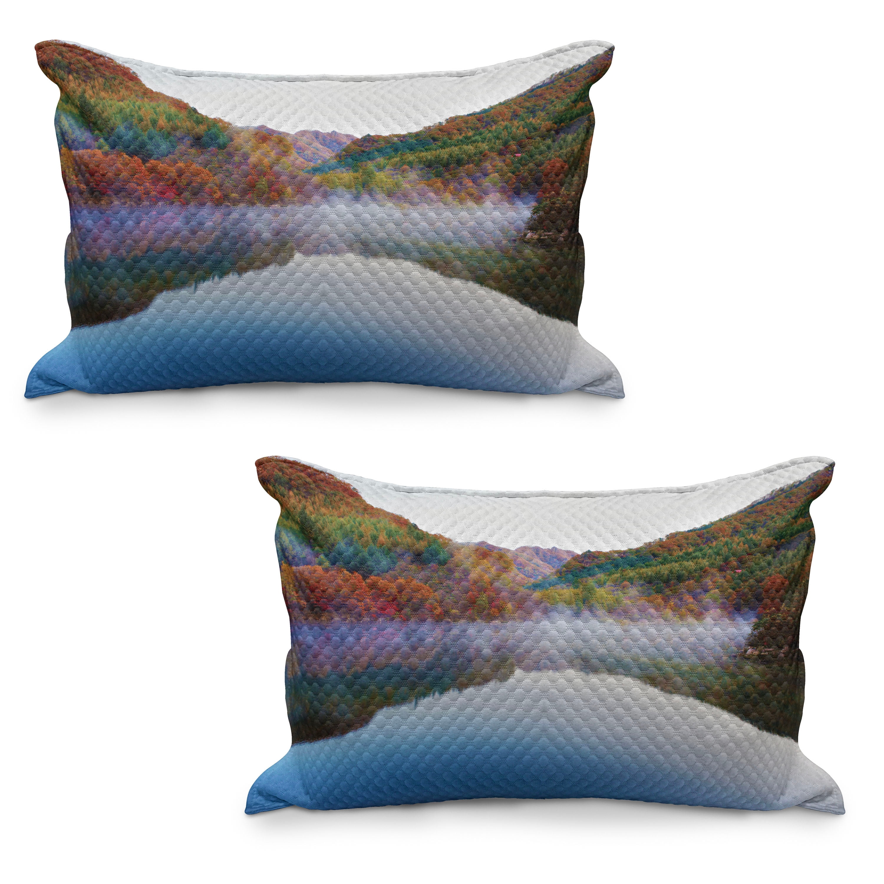 Landscape Quilted Pillowcover Set of 2, Lake and Mountain Landscape in ...