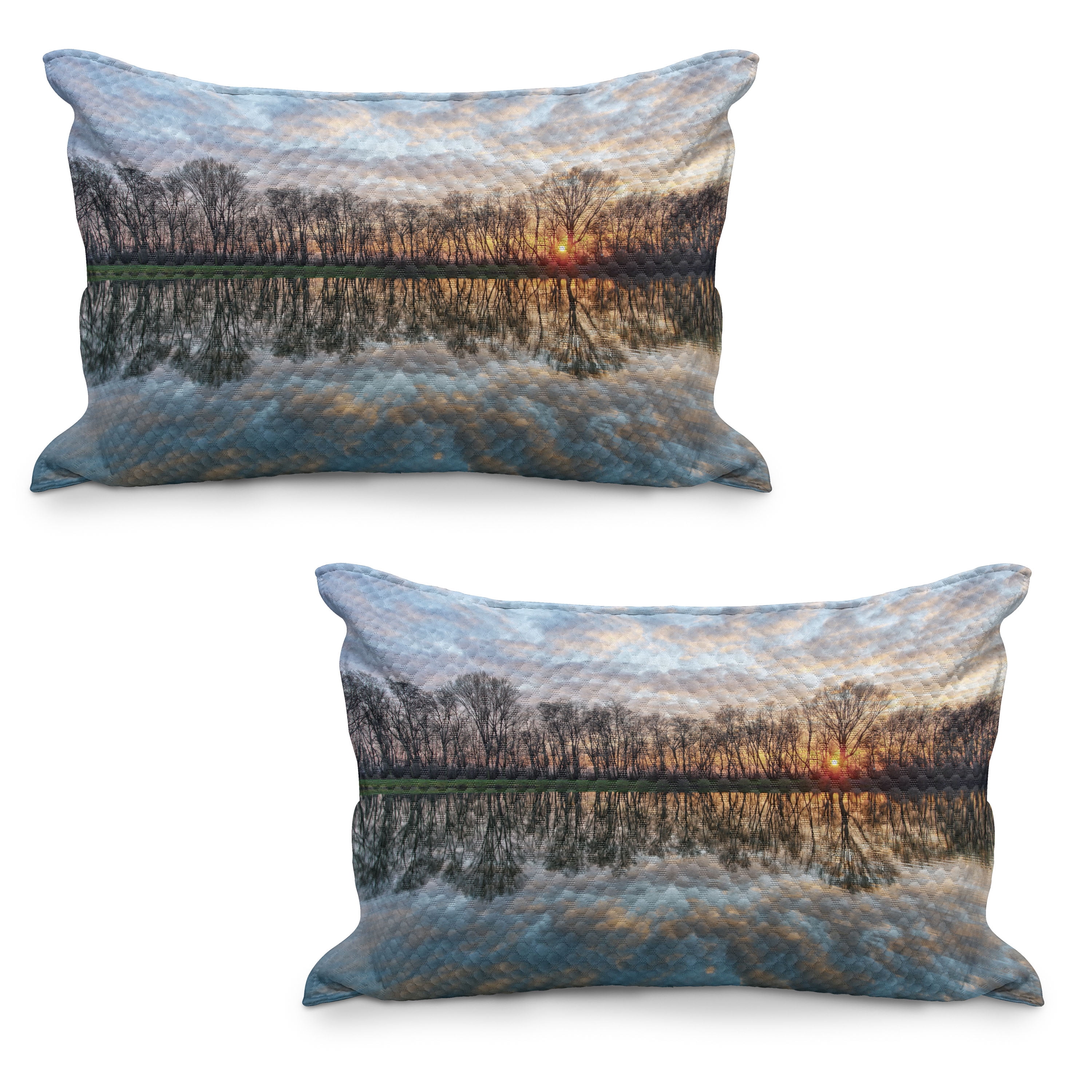 Landscape Quilted Pillowcover Set of 2, Lake Sunset with the Mirroring ...