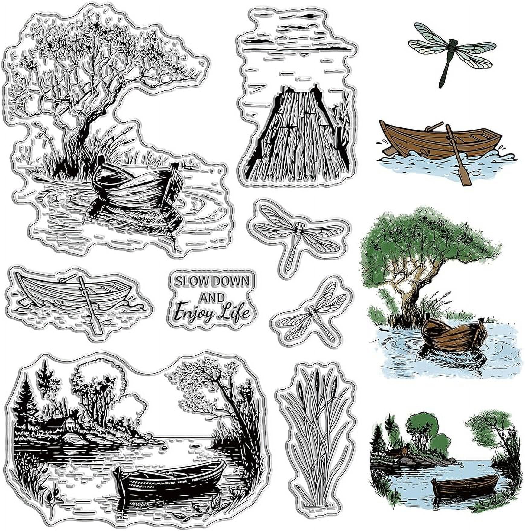 Landscape Scenery Rubber Stamps Dragonfly Tree River Natural ...