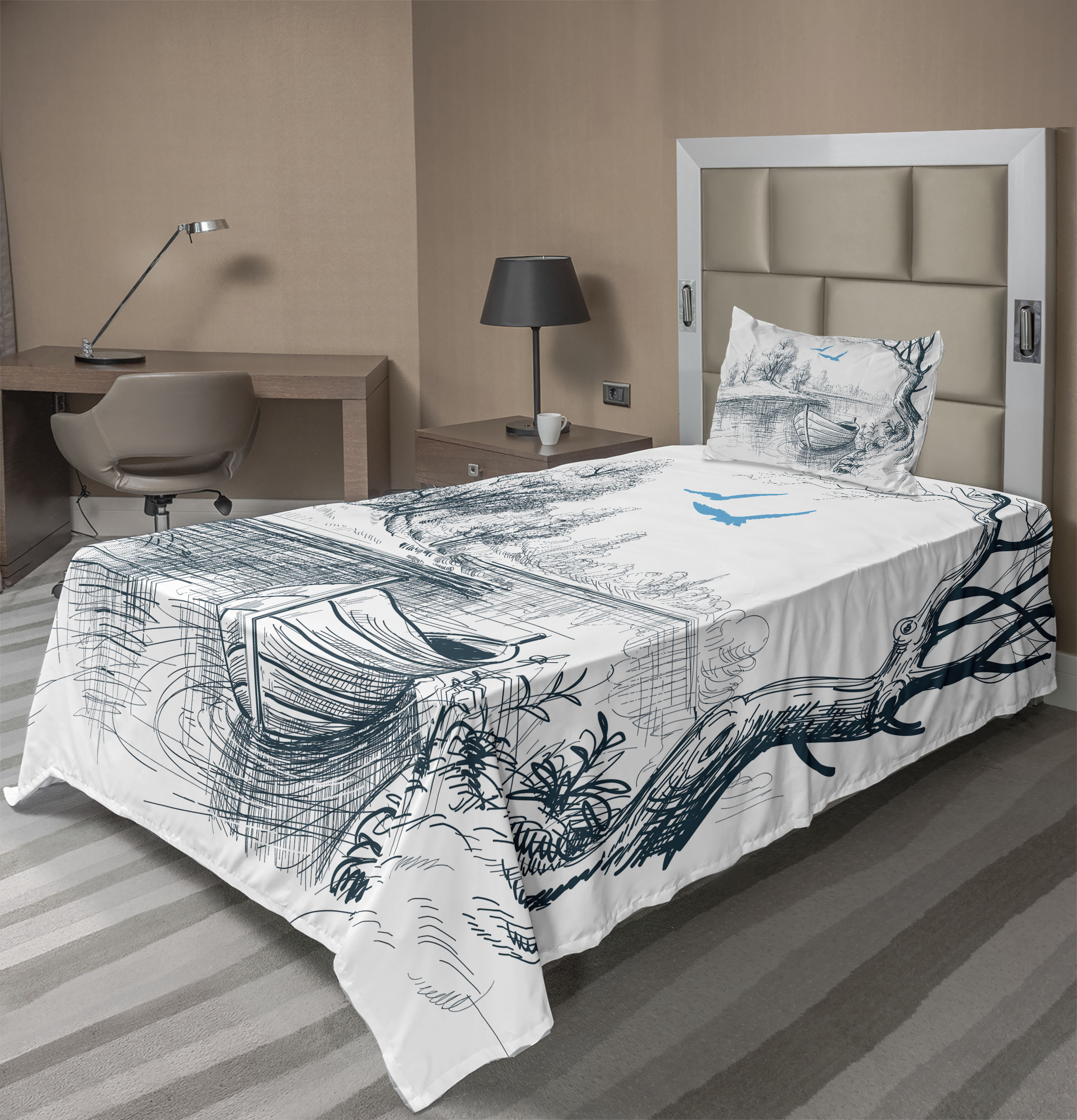 Landscape Sheet Set, Boat on Calm River Trees Birds Twigs Sketch ...