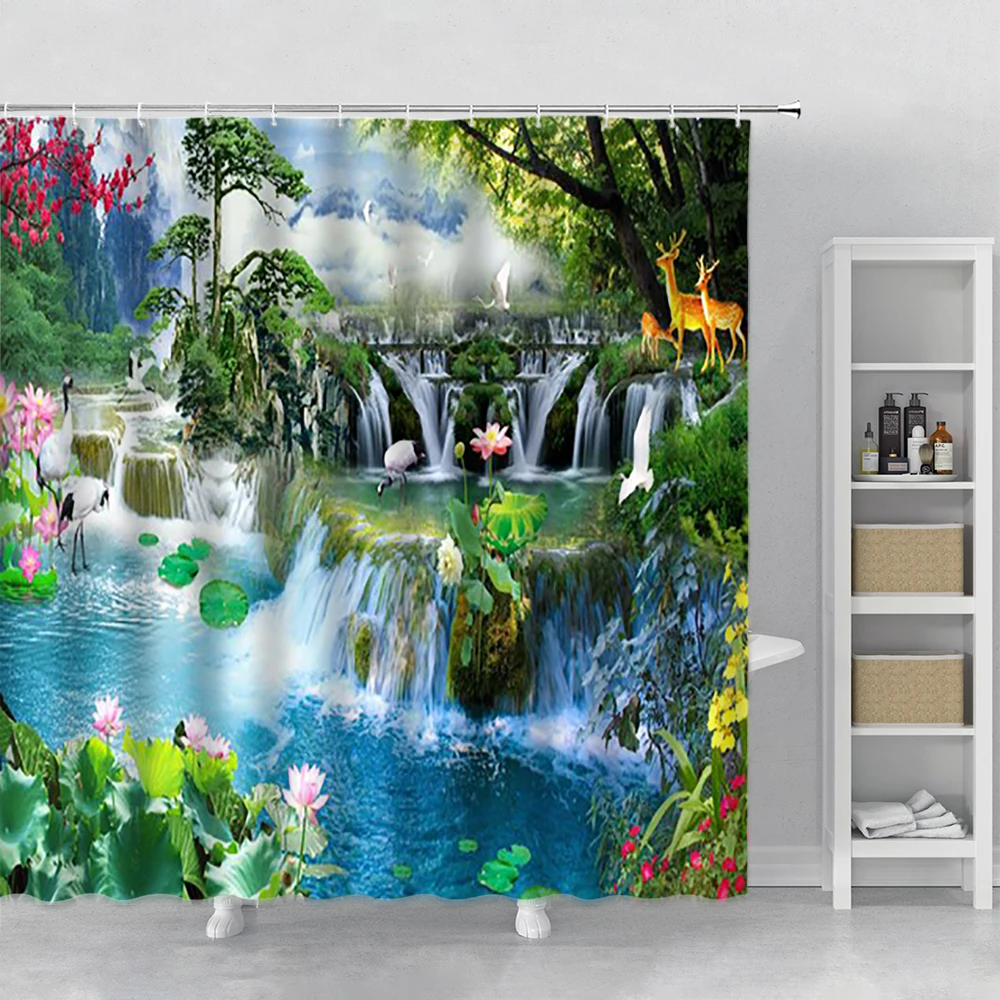 Landscape Shower Curtain Green Forest Fall Cliff Natural Scenery ...