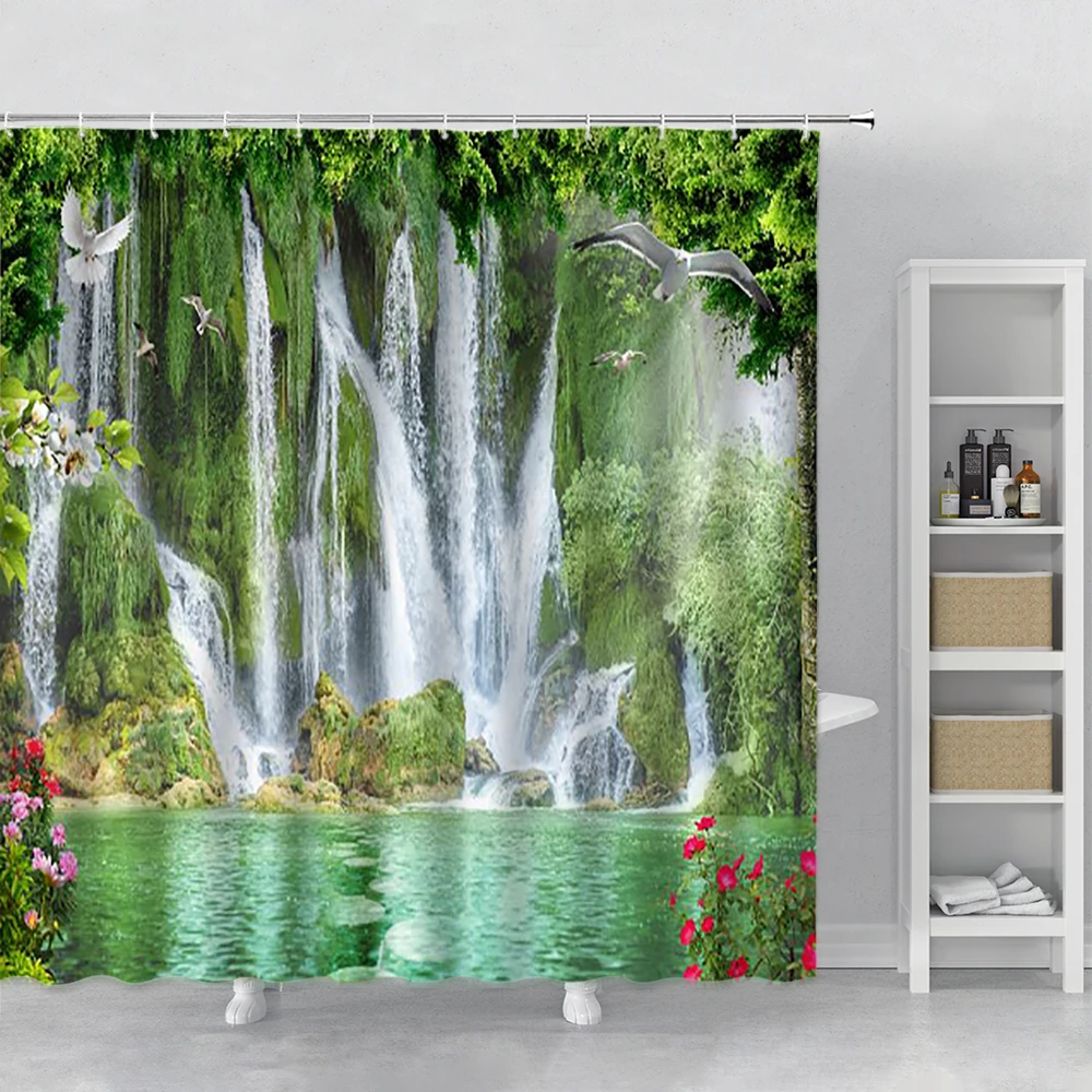 Landscape Shower Curtain Green Forest Fall Cliff Natural Scenery ...