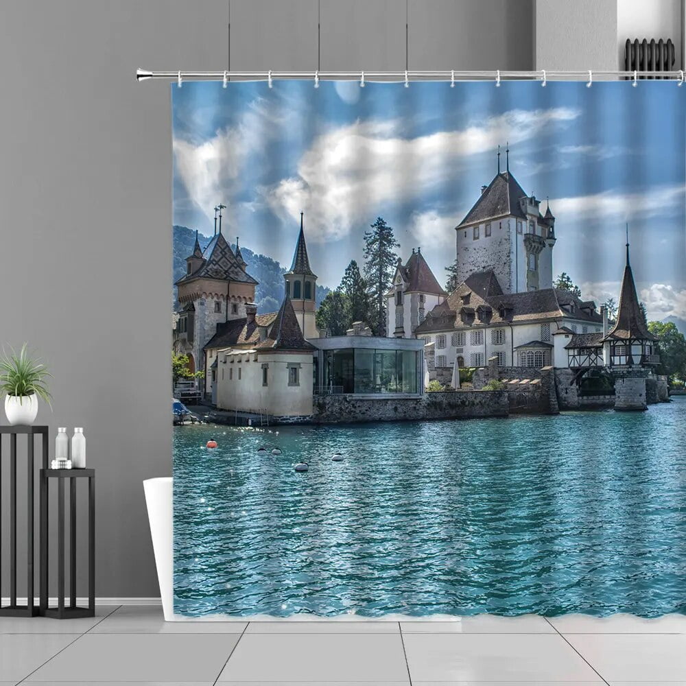 Landscape Shower Curtains Waterfall Lake Lsland Green Trees Scenery ...