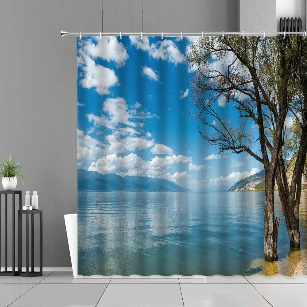 Landscape Shower Curtains Waterfall Lake Lsland Green Trees Scenery ...