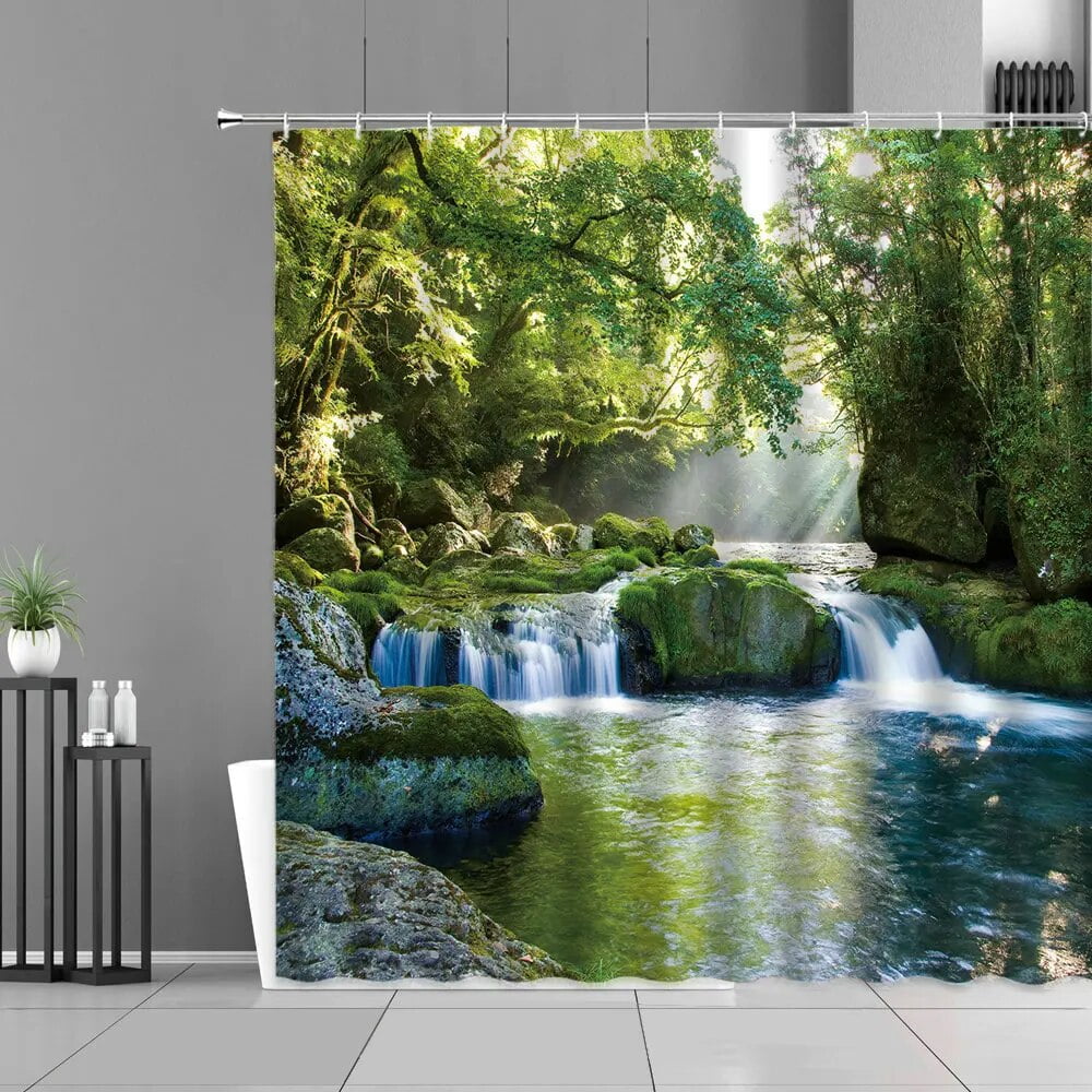 Landscape Shower Curtains Waterfall Lake Lsland Green Trees Scenery ...