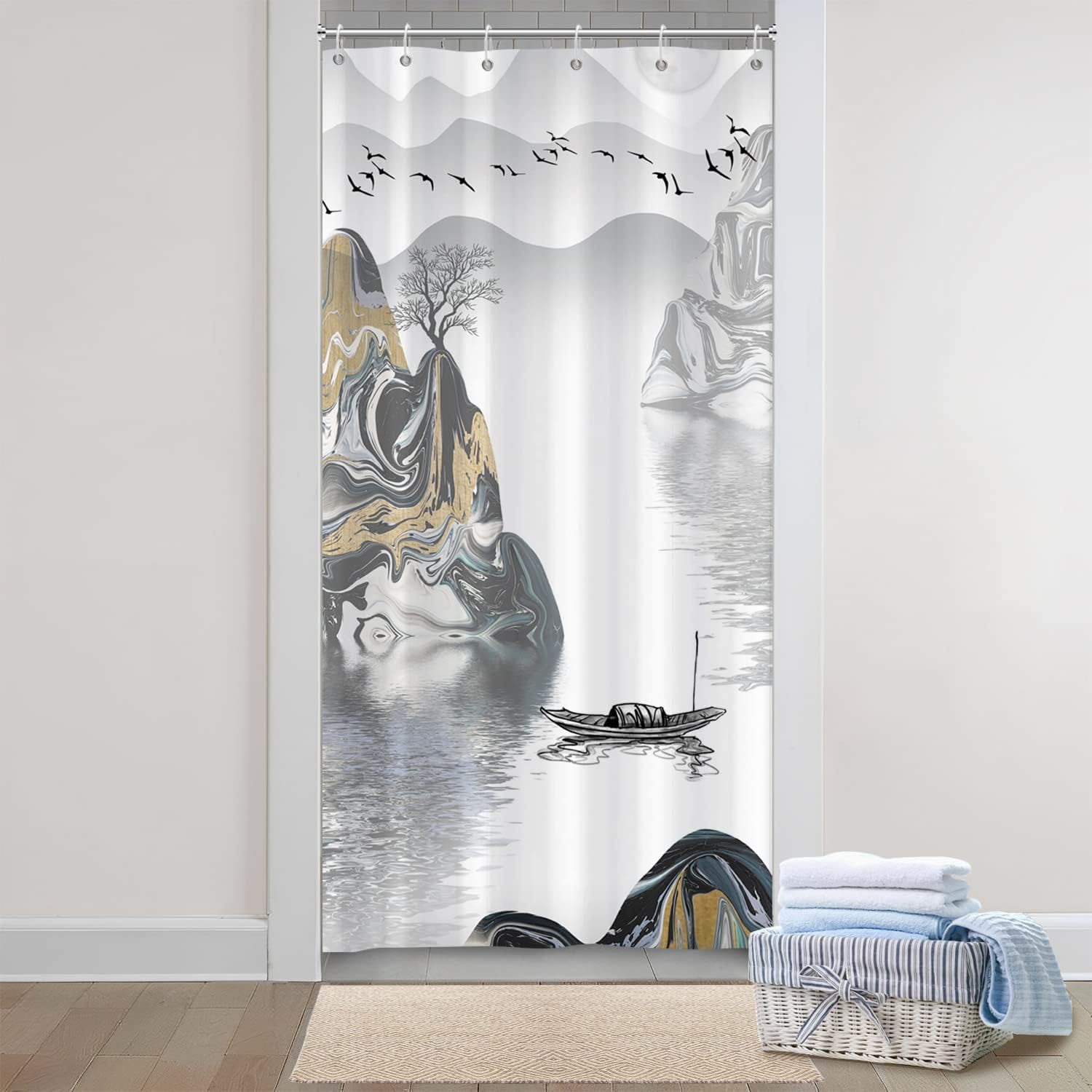 Landscape Small Shower Curtain Asian Mountain River Ink Painting Stall ...