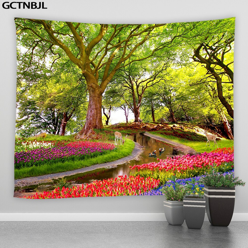 Landscape Tapestry Forest Trees Elk Lake Mountain Ocean Beach Natural ...