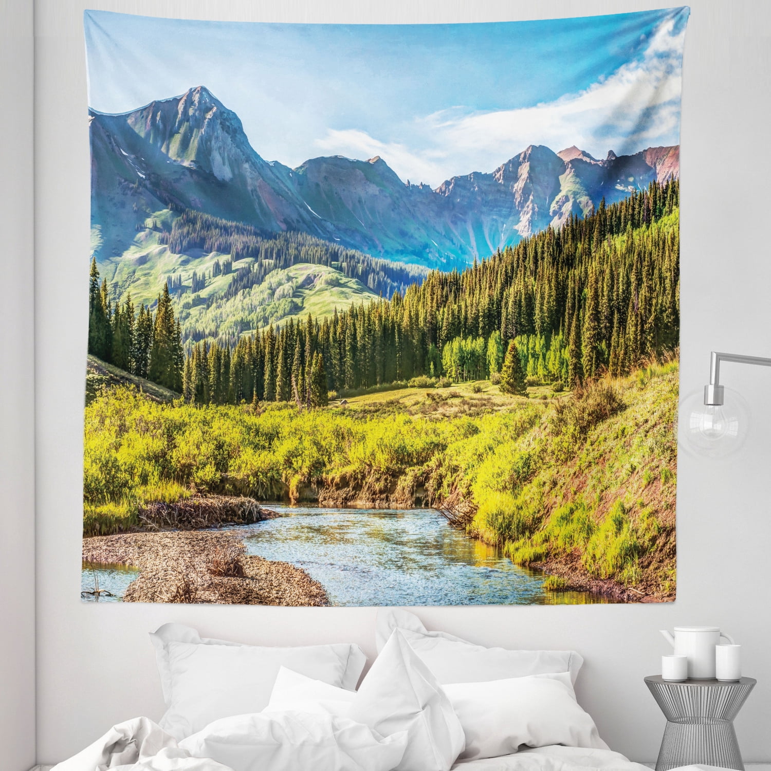 Landscape Tapestry, Mountain Vista Thick Forest Trees Mountain Flowing ...