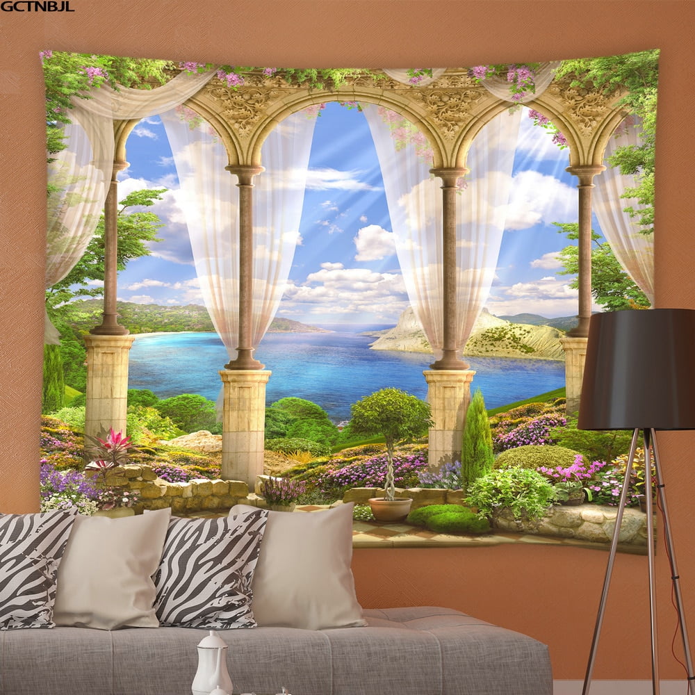 Landscape Tapestry Sea Ocean Flower Plant Natural Scenery Tapestries ...