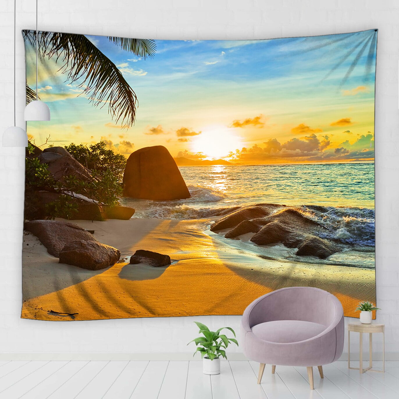 Landscape Tapestry Sunset Tropical Ocean Palm Tree Mountain Lake ...