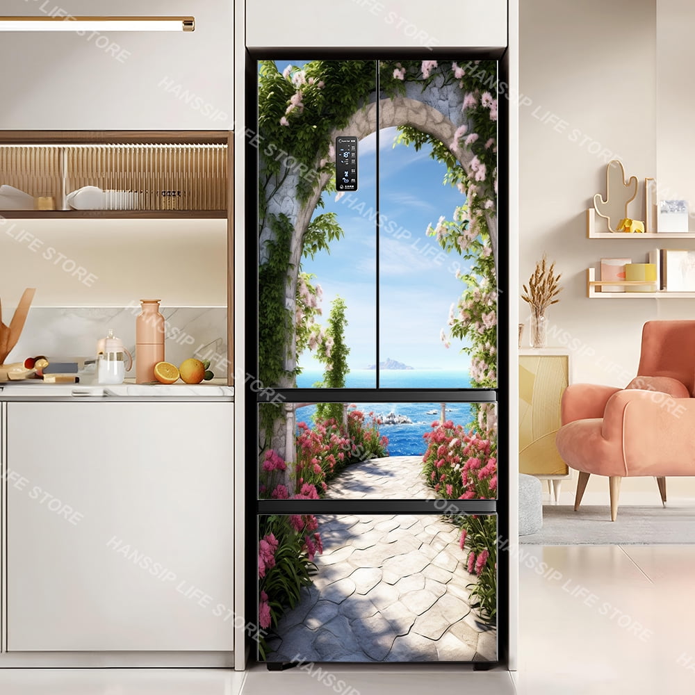 Landscape View of Arched Door Mural Refrigerator Wrapping Wallpaper ...