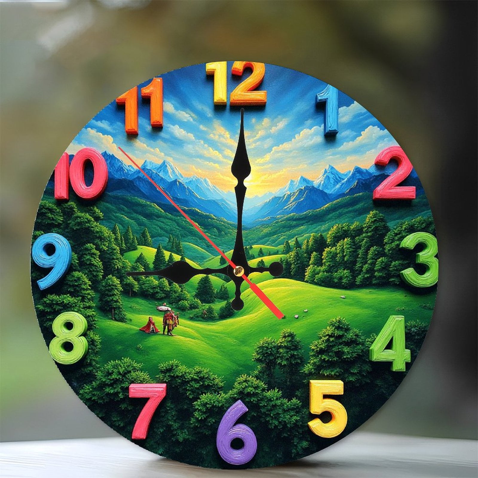 Landscape Wall Clock with Colorful Numbers Decor 10-Inch Silent Wooden ...